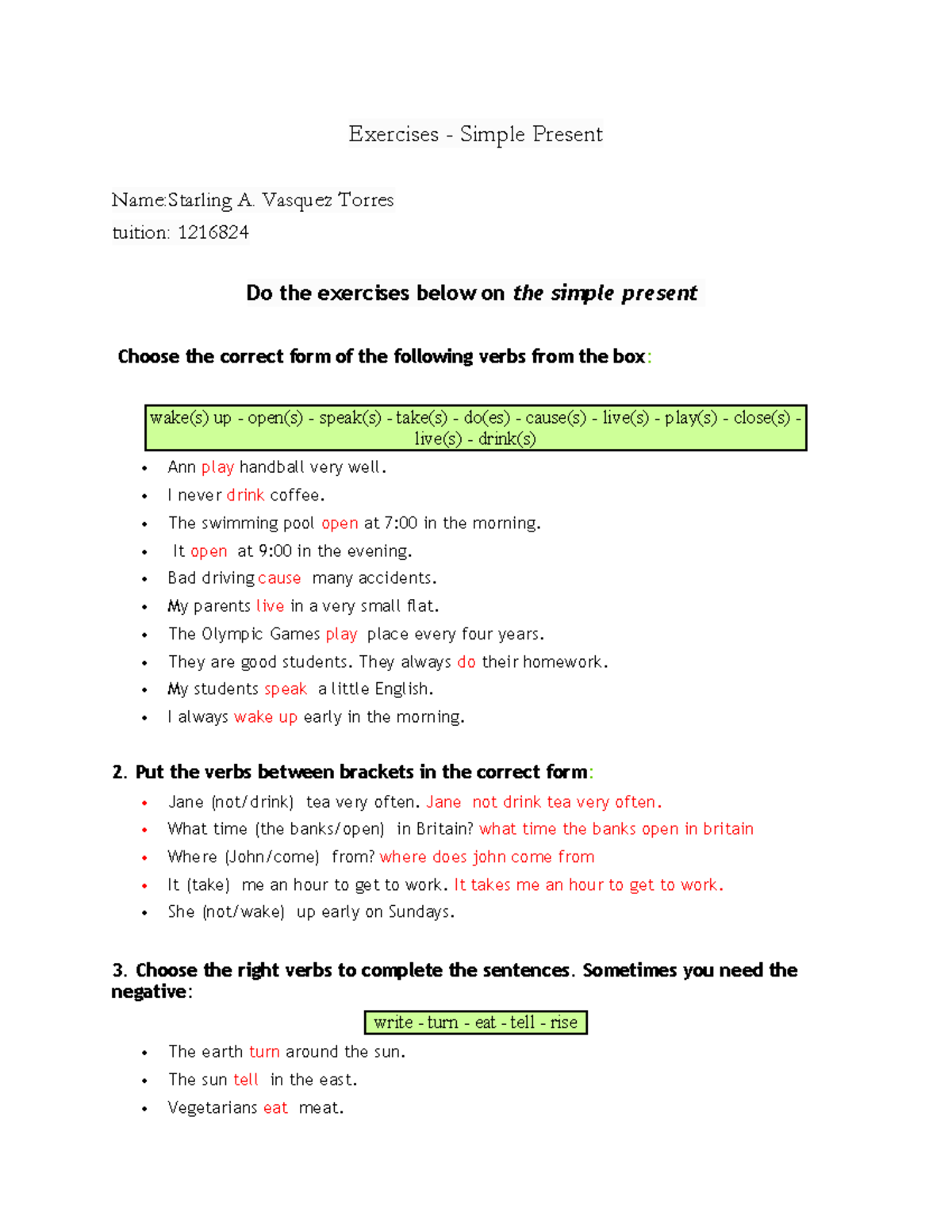 Práctica sobre el presente simple - Exercises - Simple Present Name ...