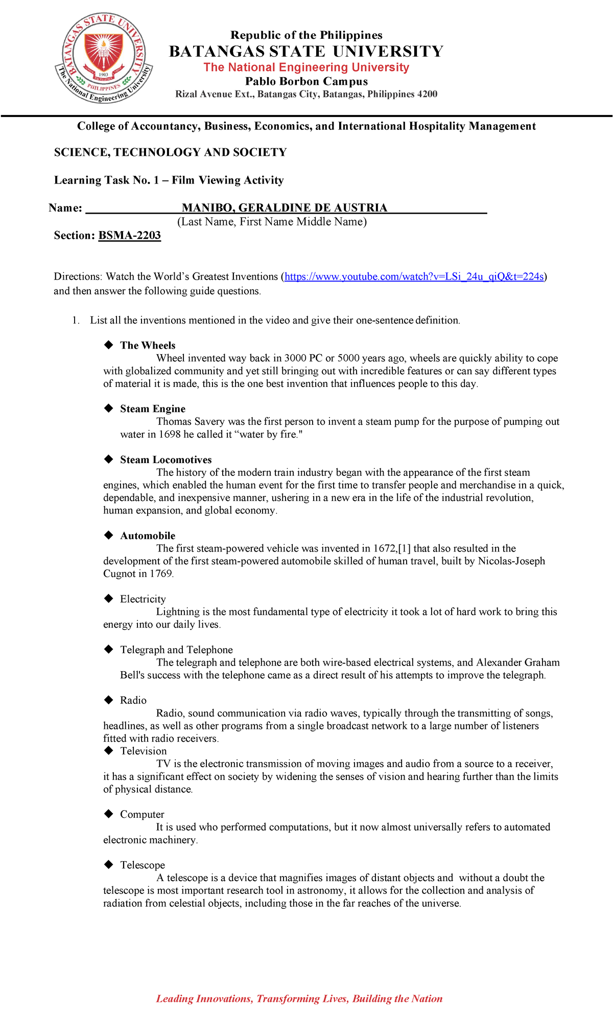 Sts - inventions - Republic of the Philippines BATANGAS STATE ...