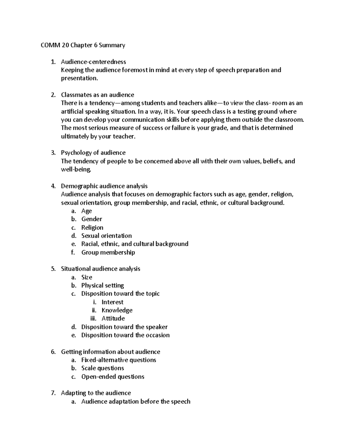 COMM 20 Chapter 6 Summary - COMM 20 Chapter 6 Summary Audience ...