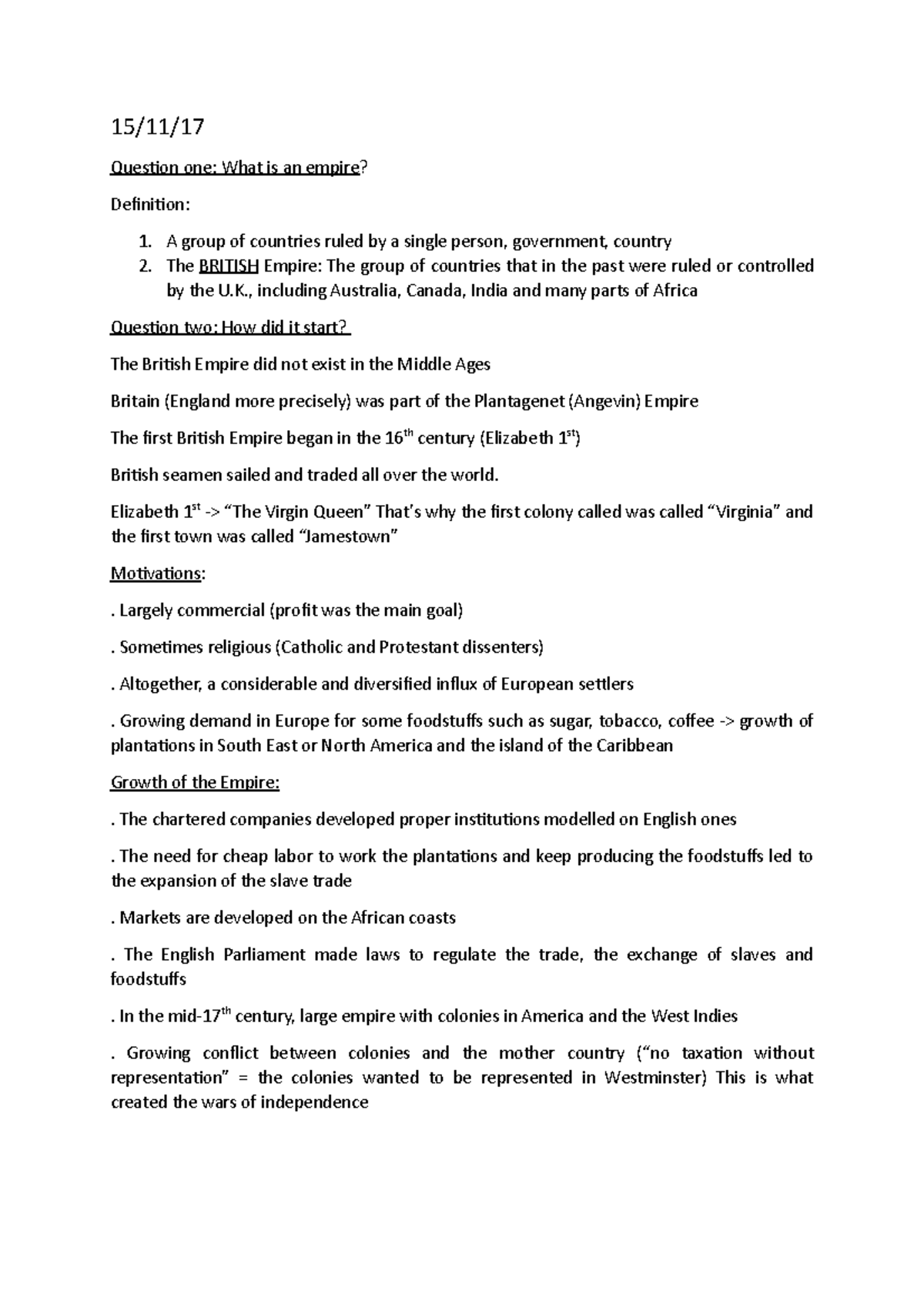 The British Empire - 15/11/ Question one: What is an empire? Definition ...