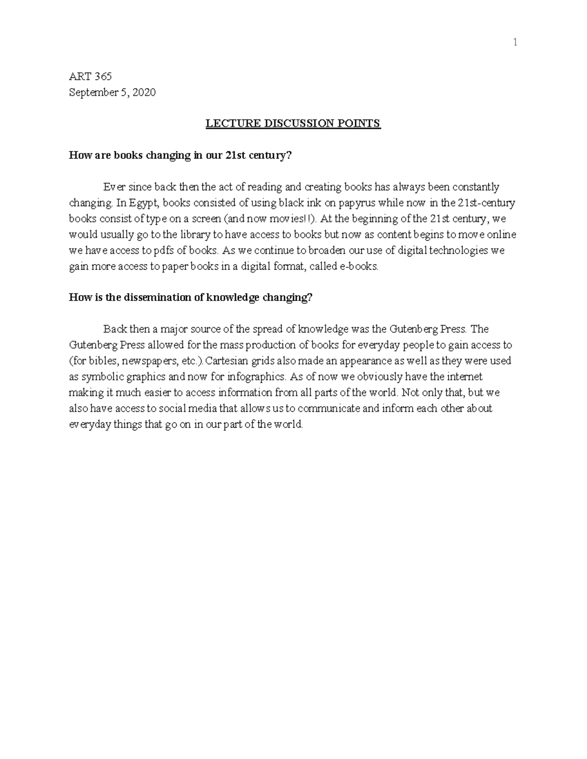 Lecture Discussion Points - 1 ART 365 September 5, 2020 LECTURE ...