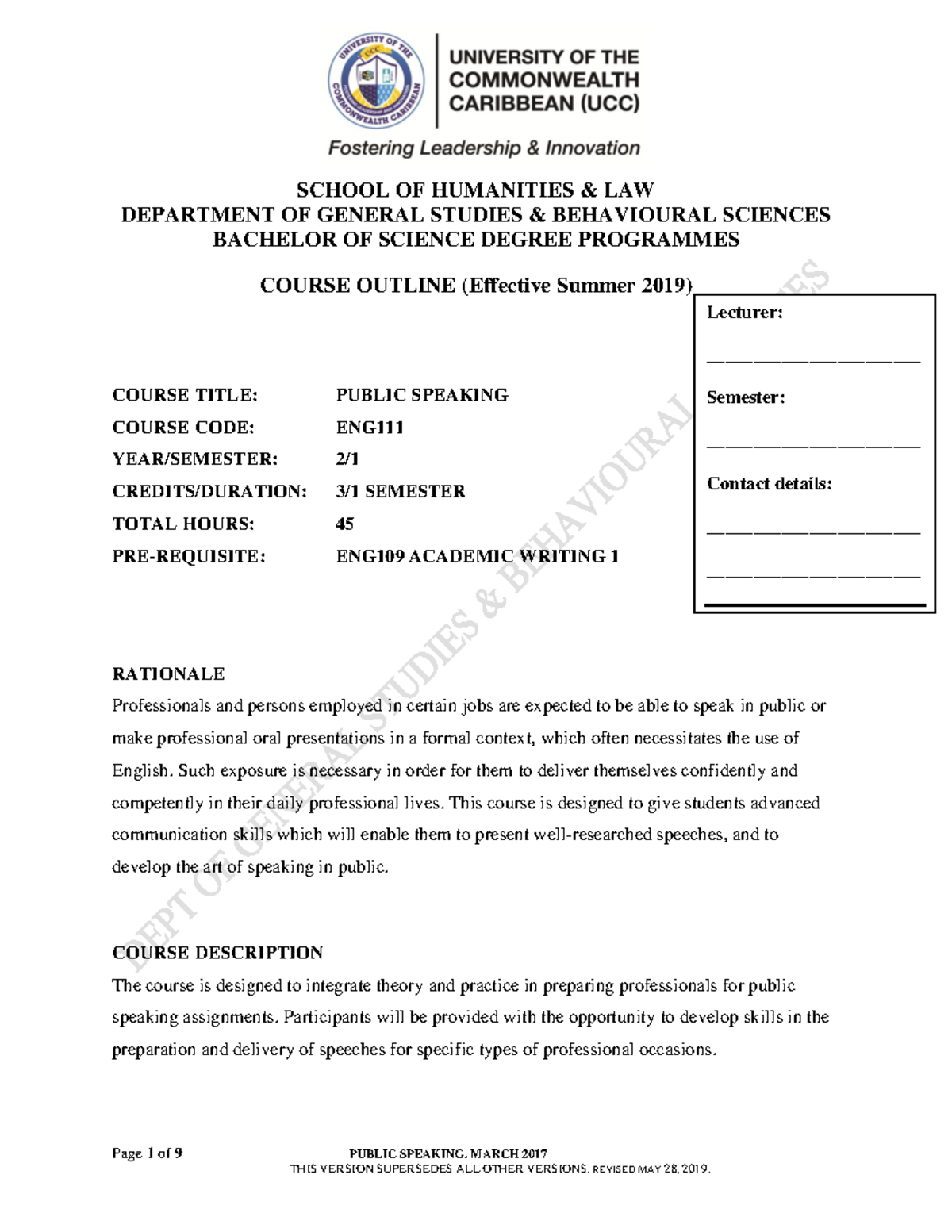 Public Speaking Course Outline - Page 1 of 9 PUBLIC SPEAKING. MARCH ...