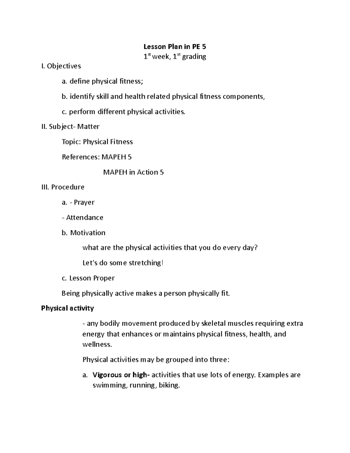 WEEK1 Physical Fitness - Lesson Plan in PE 5 1 st week, 1st grading I ...