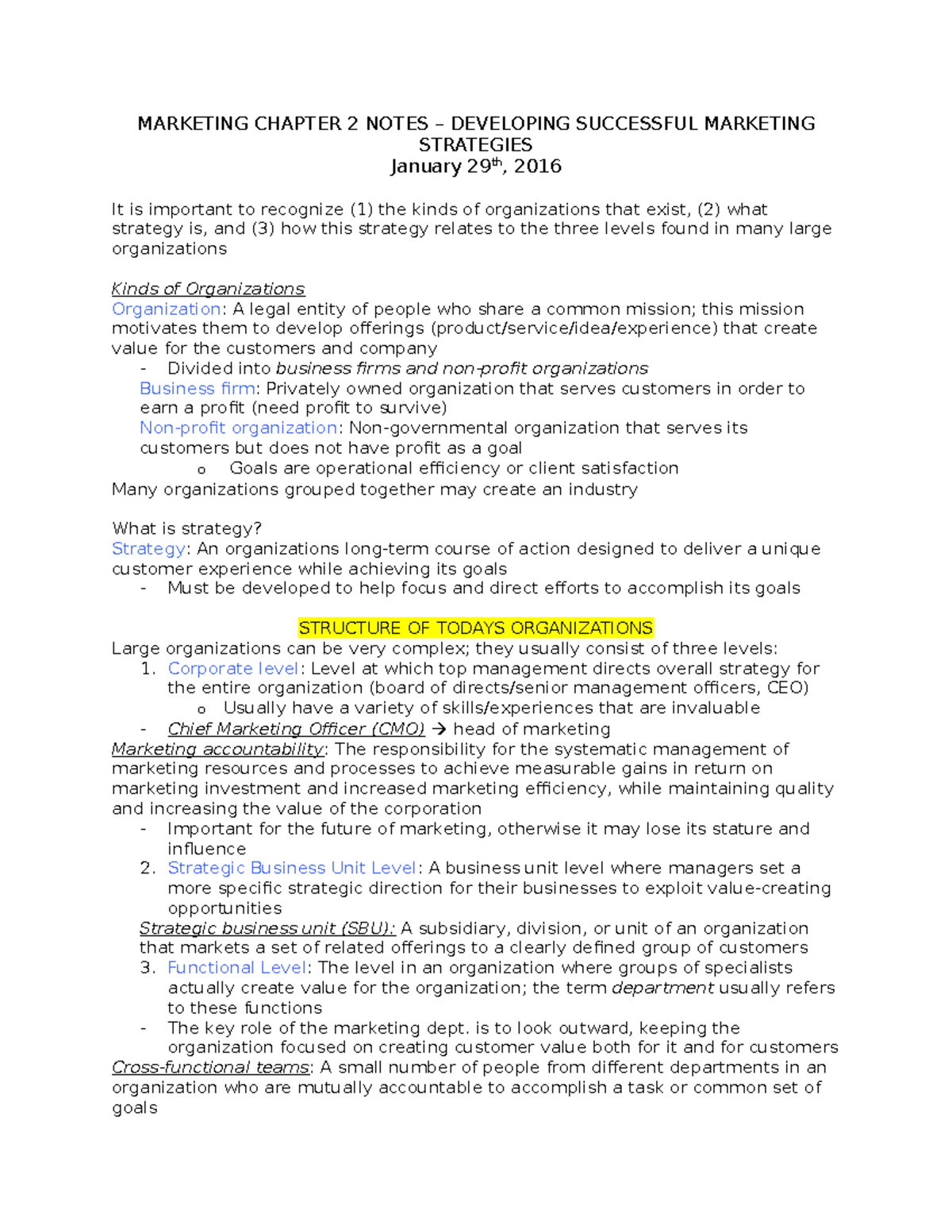 Marketing Chapter summary 2 - MARKETING CHAPTER 2 NOTES – DEVELOPING ...