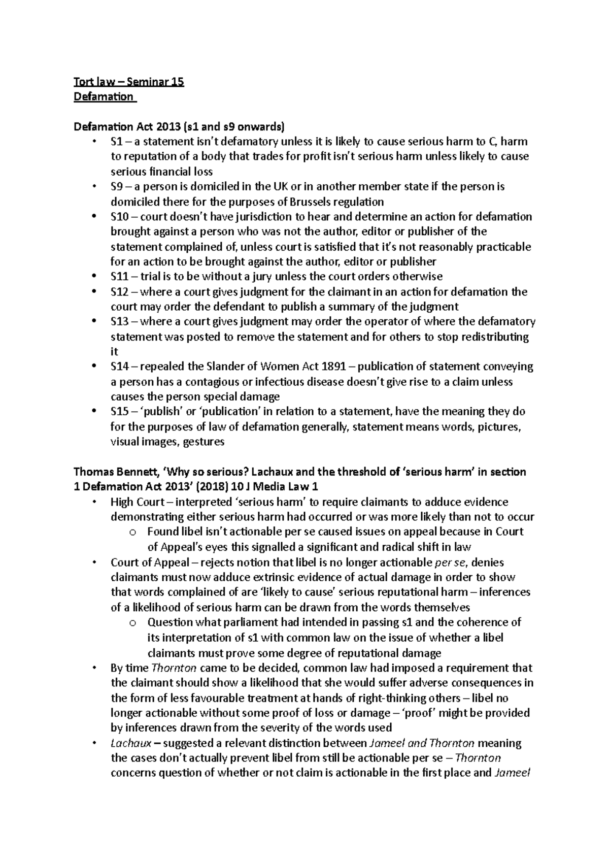 Seminar 15 - Defamation 1 - Tort law – Seminar 15 Defamation Defamation ...