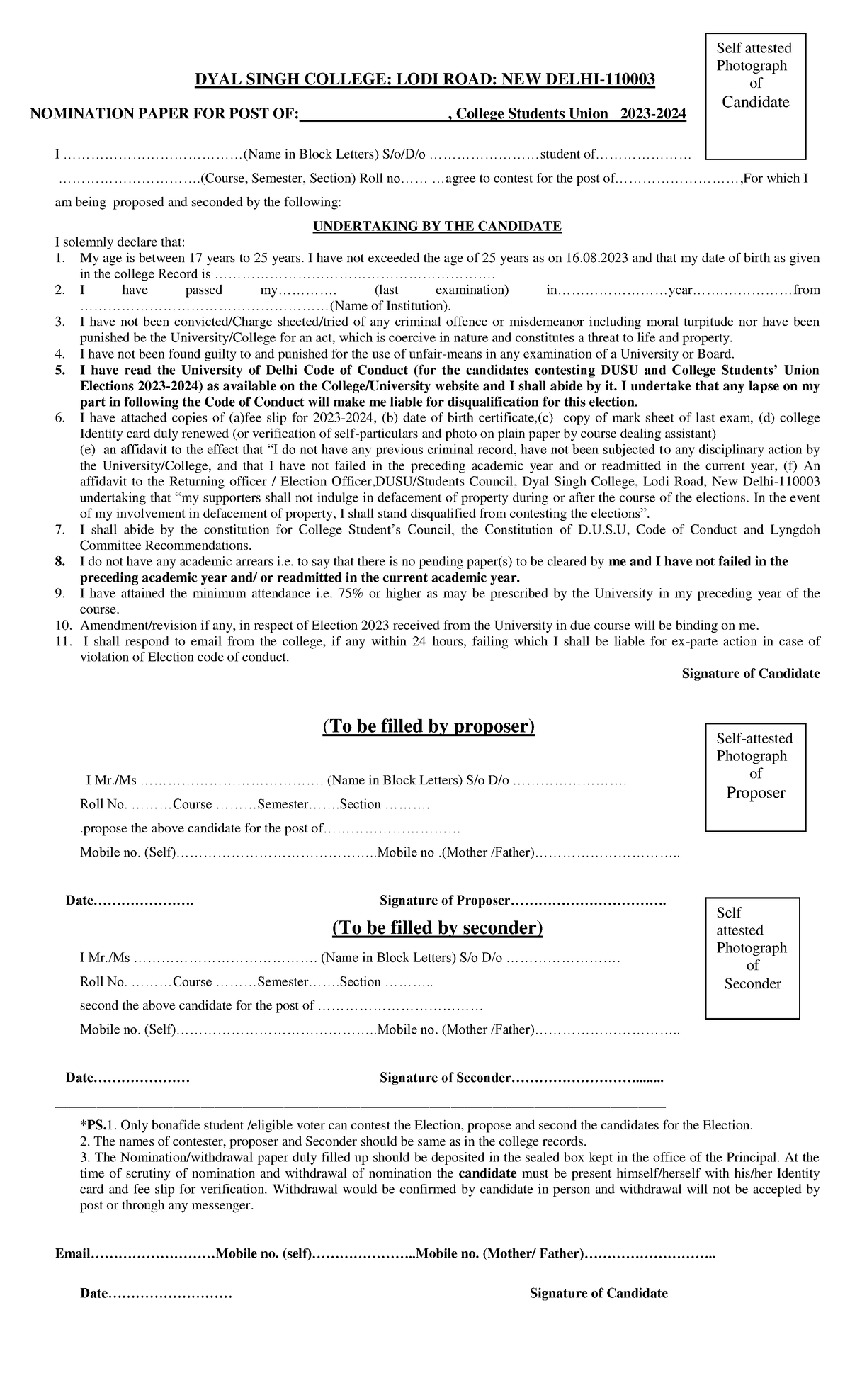 Nominaton form for DSC Elections - DYAL SINGH COLLEGE: LODI ROAD: NEW ...