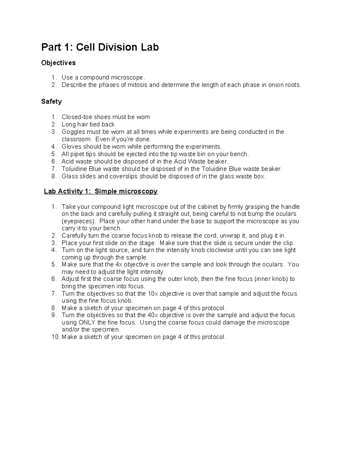 Cell dwog - Part 1: Cell Division Lab Objectives 1. Use a compound ...