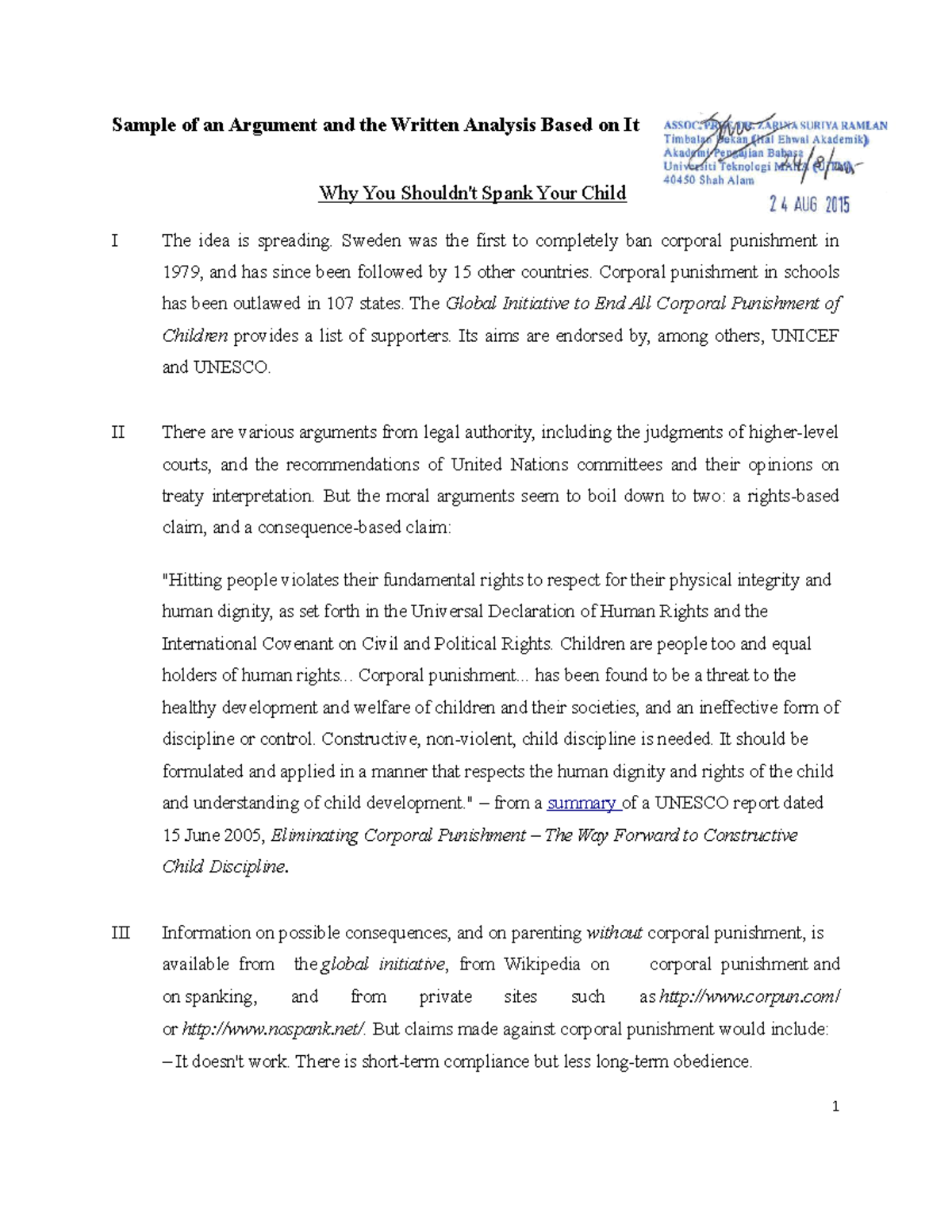 ELC501 Sample Argument & Written Analysis (240815) - Sample of an ...