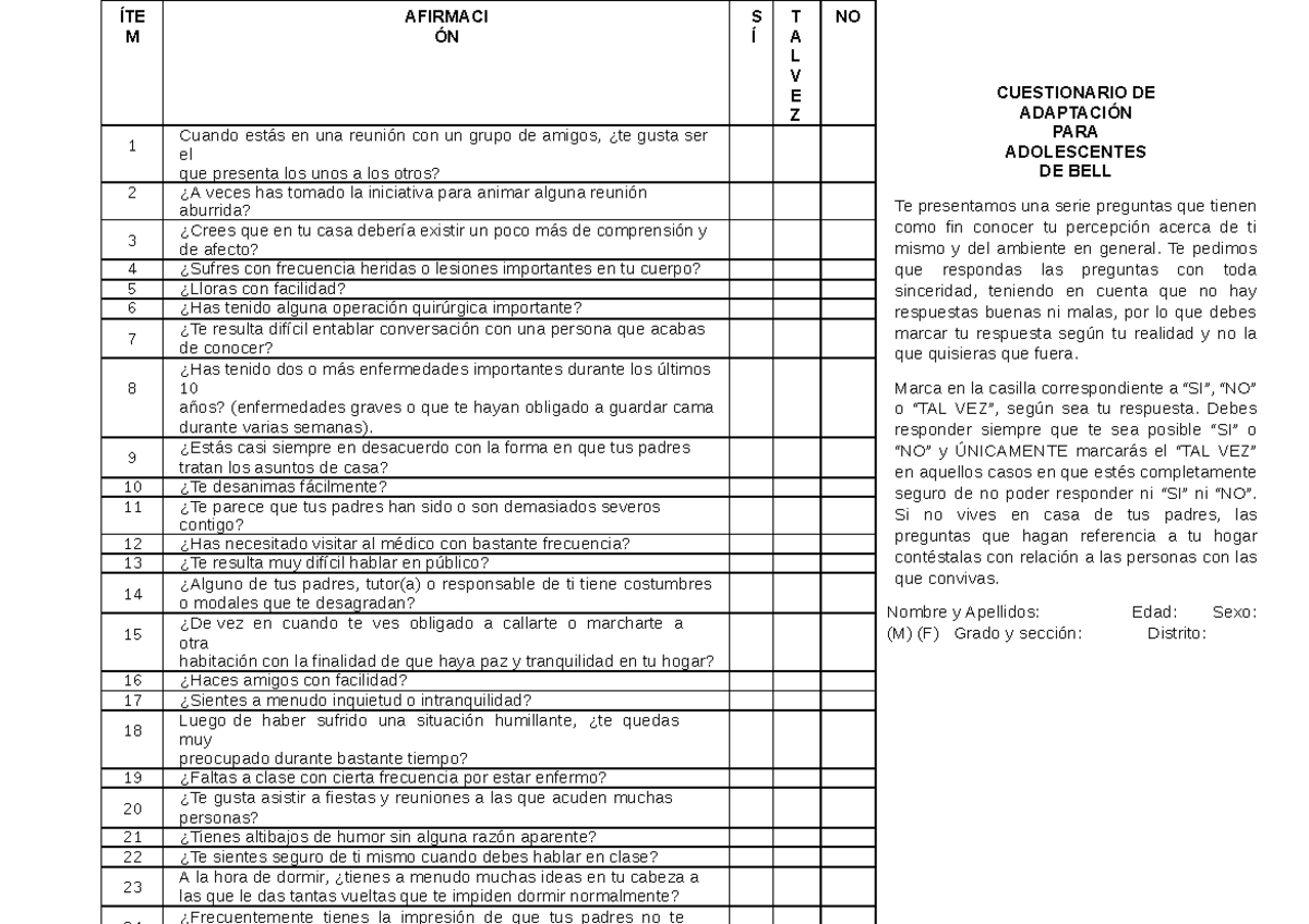 Cuestionario DE Adaptación PARA Adolescentes DE BELL 2 - CUESTIONARIO ...