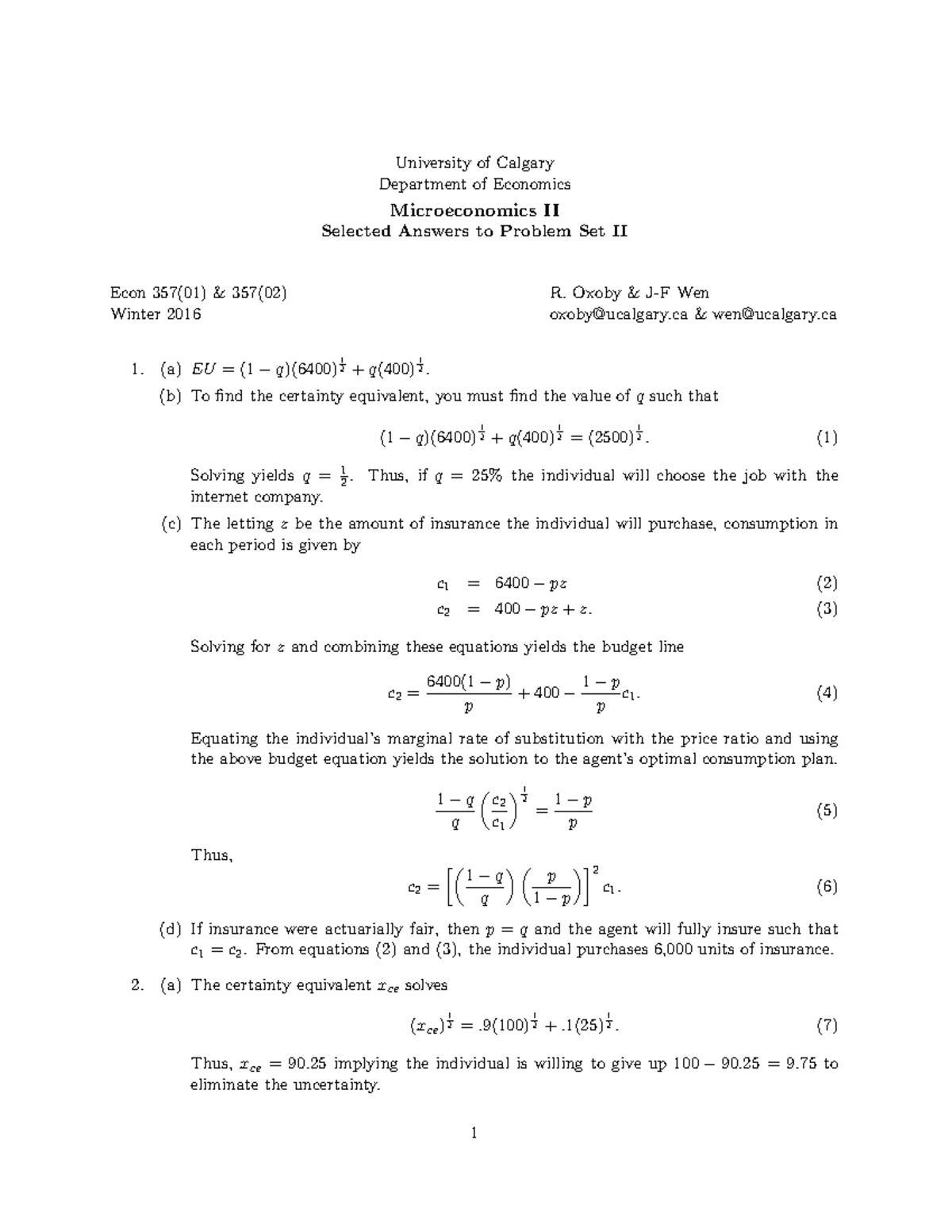 Seminar Assignments Selected Answers To Problem Set Ii University Of Calgary Department Of