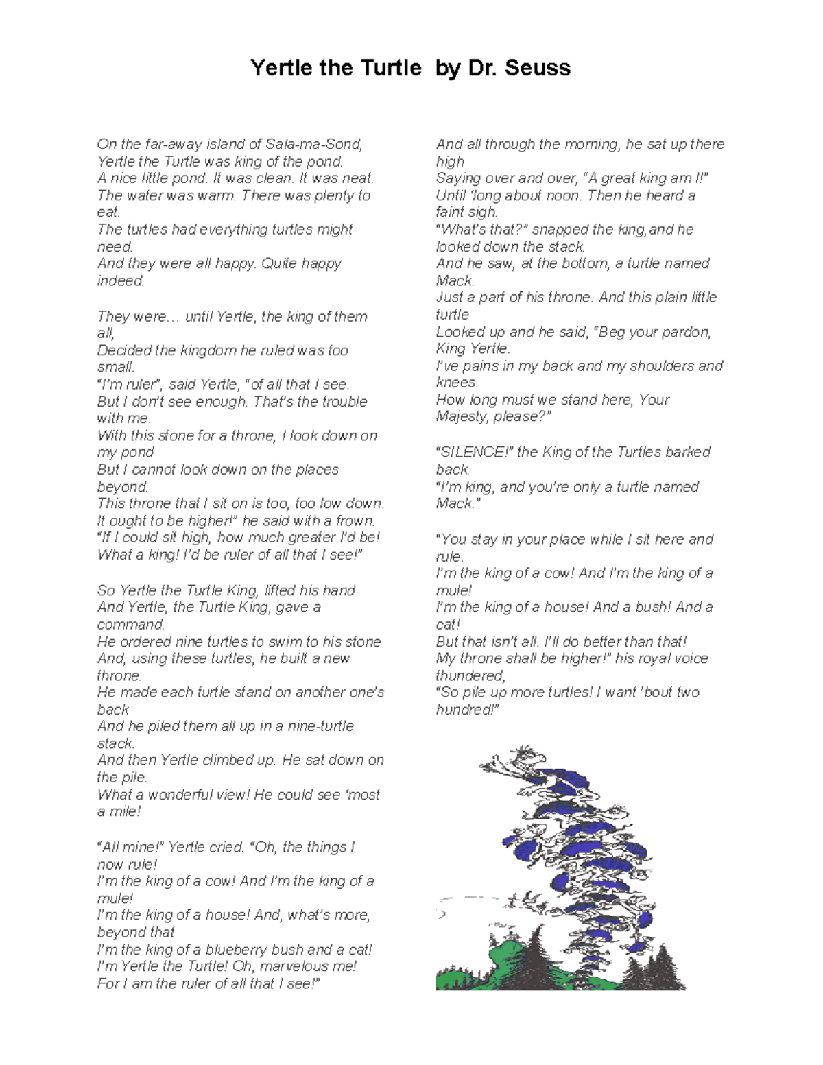 Yertle the Turtle Reading - Yertle the Turtle by Dr. Seuss On the far ...