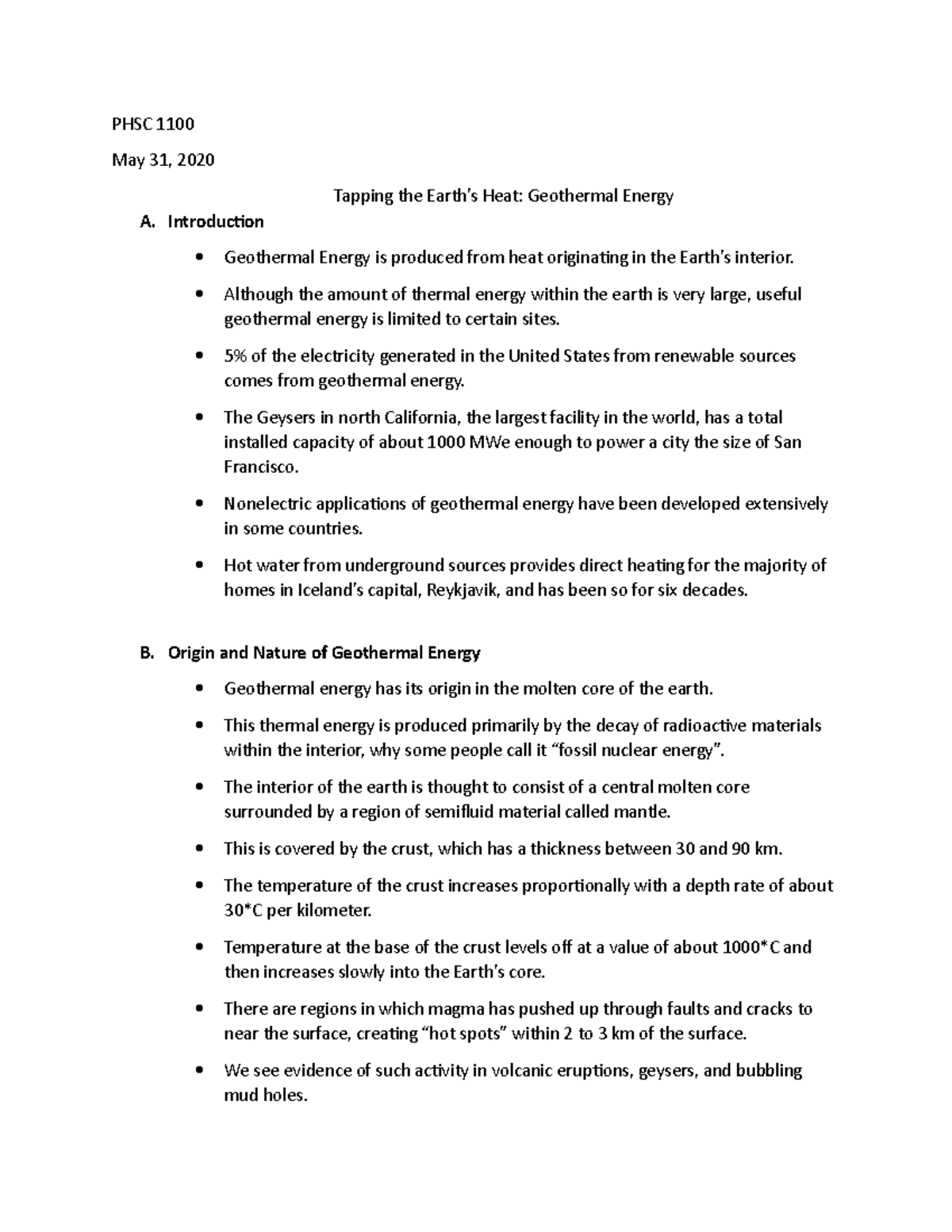 Geothermal outline and questions - PHSC 1100 May 31, 2020 Tapping the ...