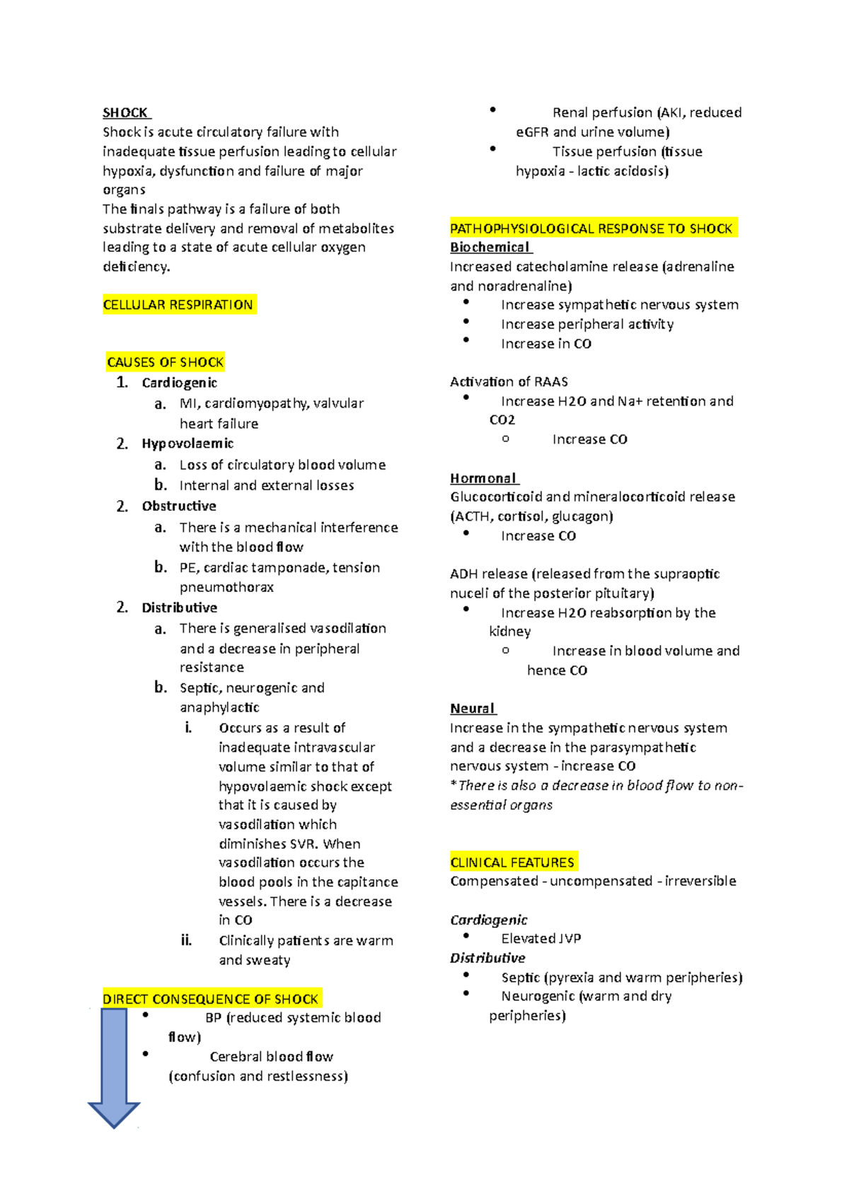 Shock ( Cardiac p2) - Summary notes - SHOCK Shock is acute circulatory ...