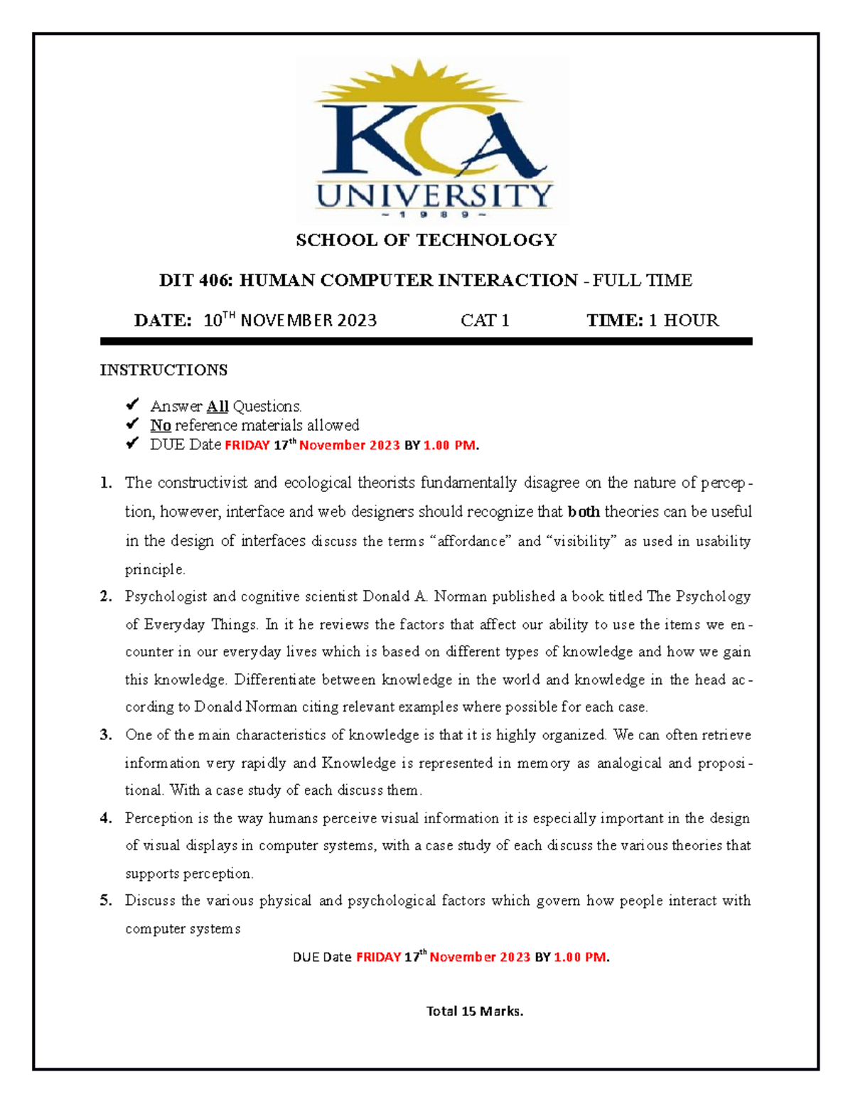 DIT 406 Human Computer Interaction CAT 1 - SCHOOL OF TECHNOLOGY DIT 406 ...