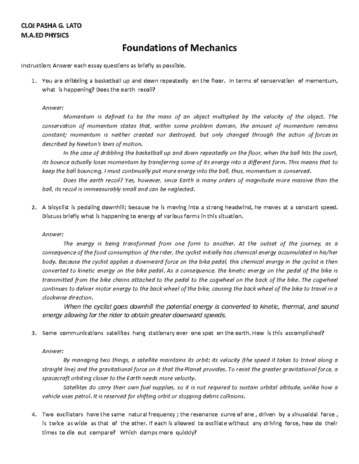 Mechanics Essay - CLOJ PASHA G. LATO M.A PHYSICS Foundations of ...