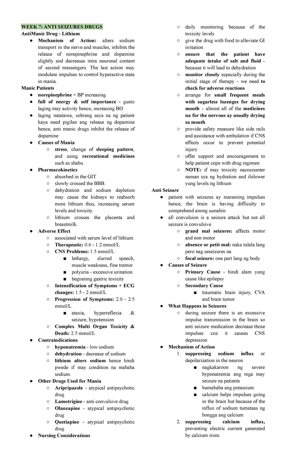 Pharma- Midterm- Reviewer - WEEK 7: ANTI SEIZURES DRUGS AntiManic Drug ...
