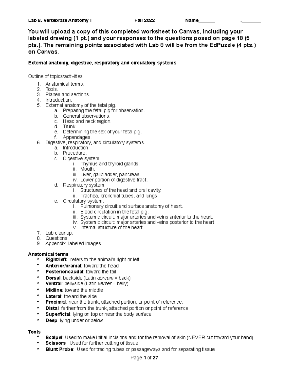 Bio lab 8. Vertebrate Anatomy - You will upload a copy of this ...