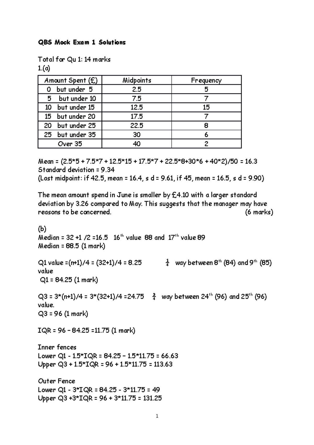Mock exam 1 solutions - QBS Mock Exam 1 Solutions Total for Qu 1: 14 marks 1.(a) Amount Spent ...