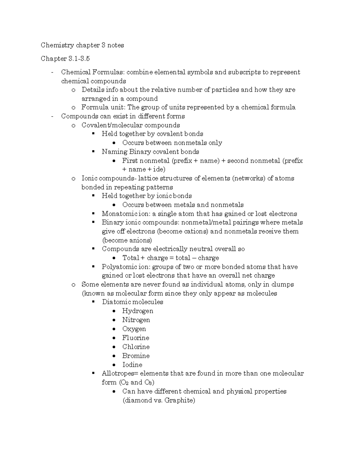 Chem 1310 midterm 1 lecture/textbook notes (ch.3) - Chemistry chapter 3 ...