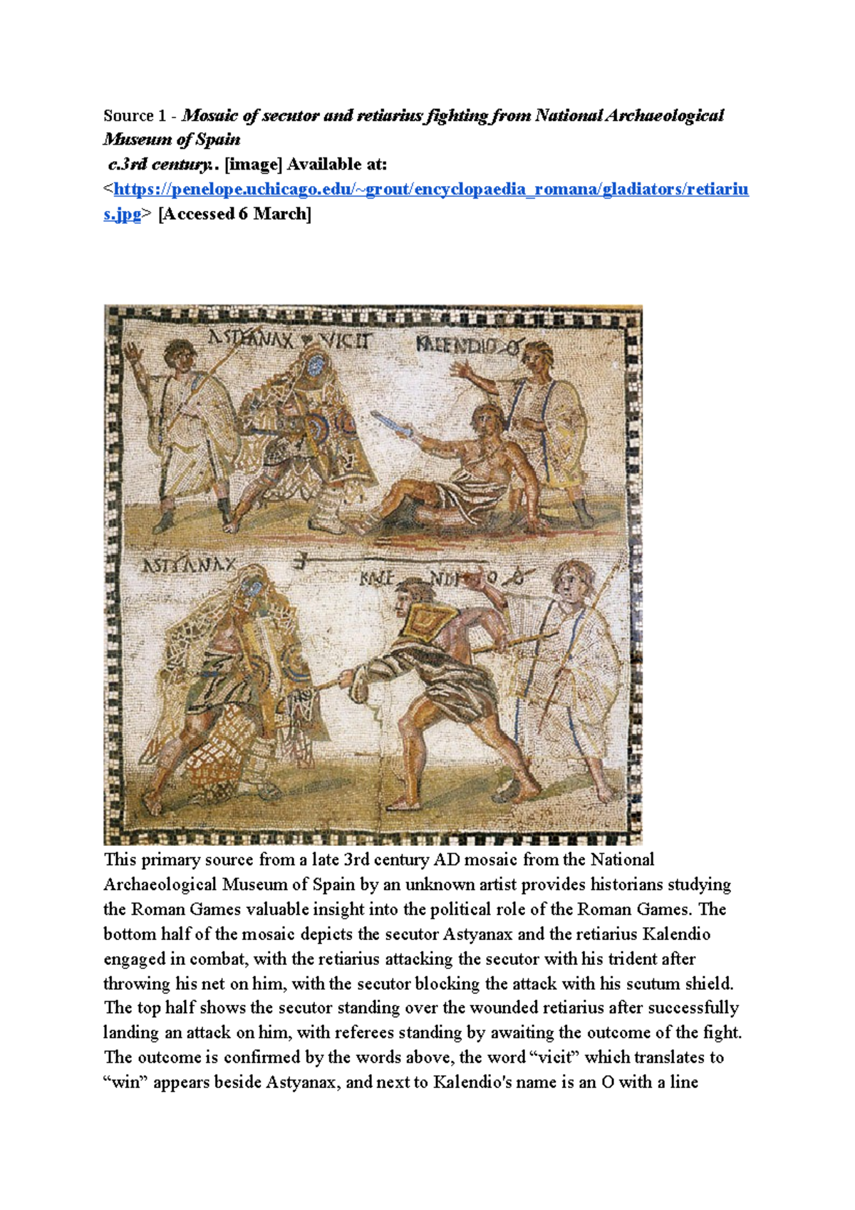Ancient History Assessment T1 - Source 1 - Mosaic of secutor and ...