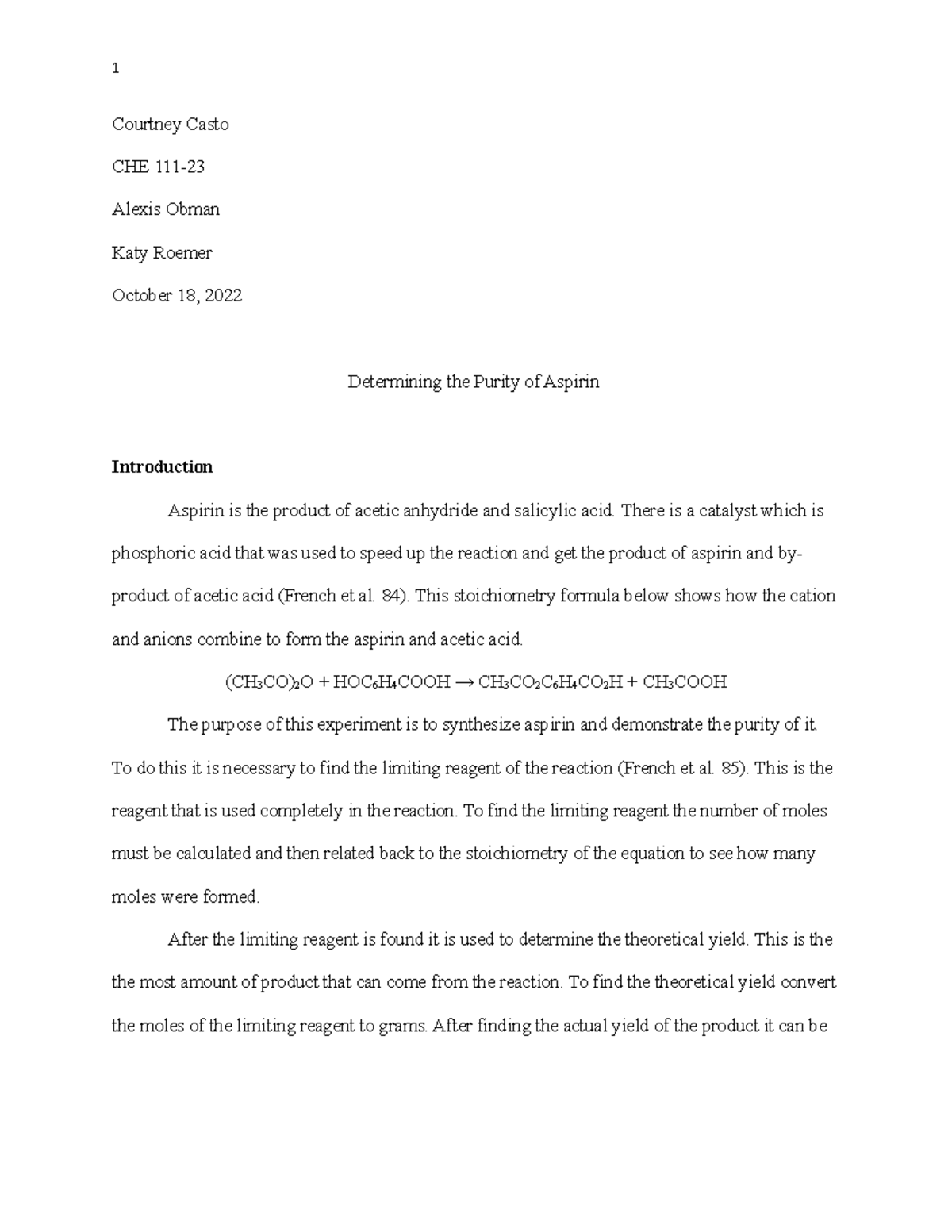 5 Casto Courtney copy - Experiment 5 Lab Report - Courtney Casto CHE ...