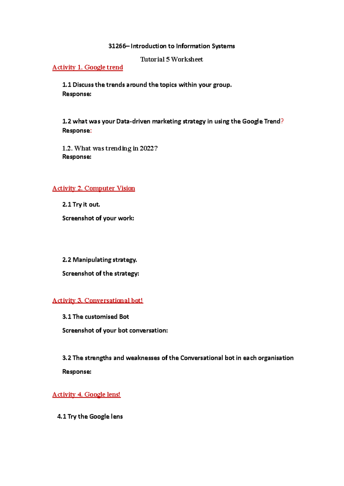 Worksheets-Wk8-3 - Worksheet for week 8 - 31266– Introduction to Information Systems Tutorial 5 ...