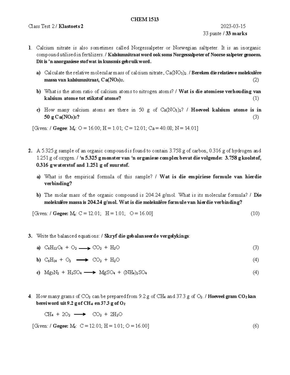 CHEM1513 - 2023 Class test 2 - Copy - CHEM 1513 Class Test 2 ...