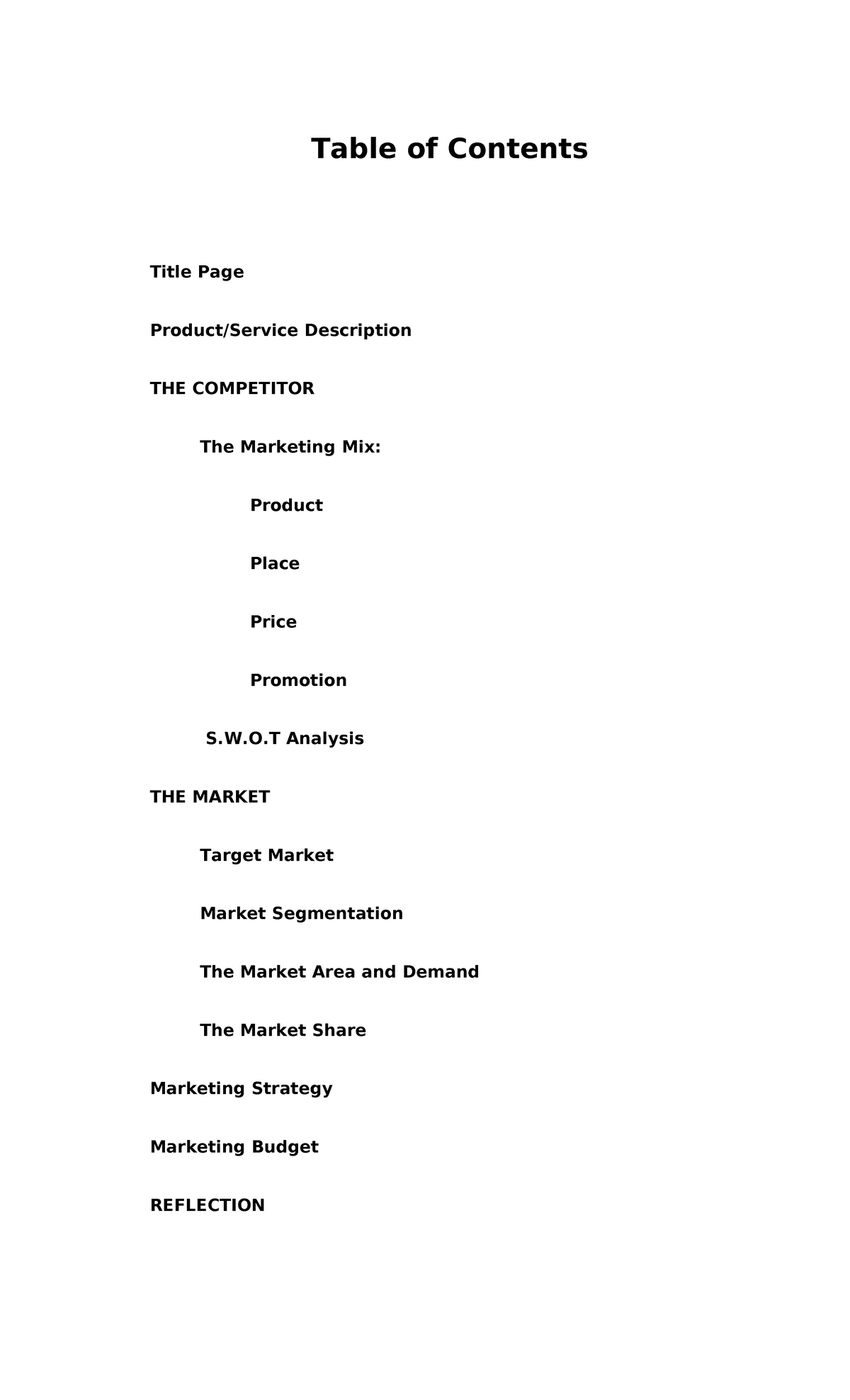 Marketing Plan Guide - Table of Contents Title Page Product/Service ...