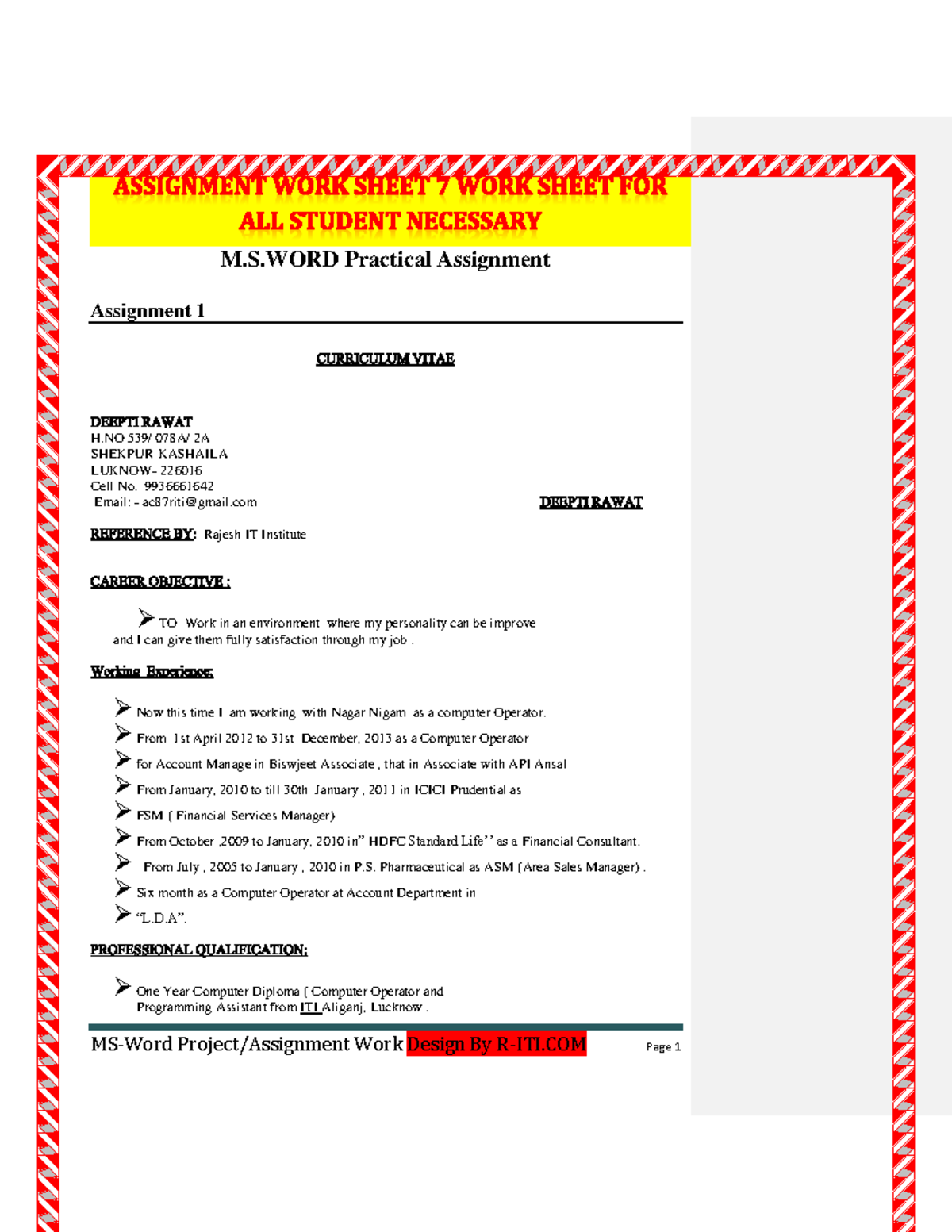 M S Word Practical Assinment M S Practical Assignment Assignment 1 H