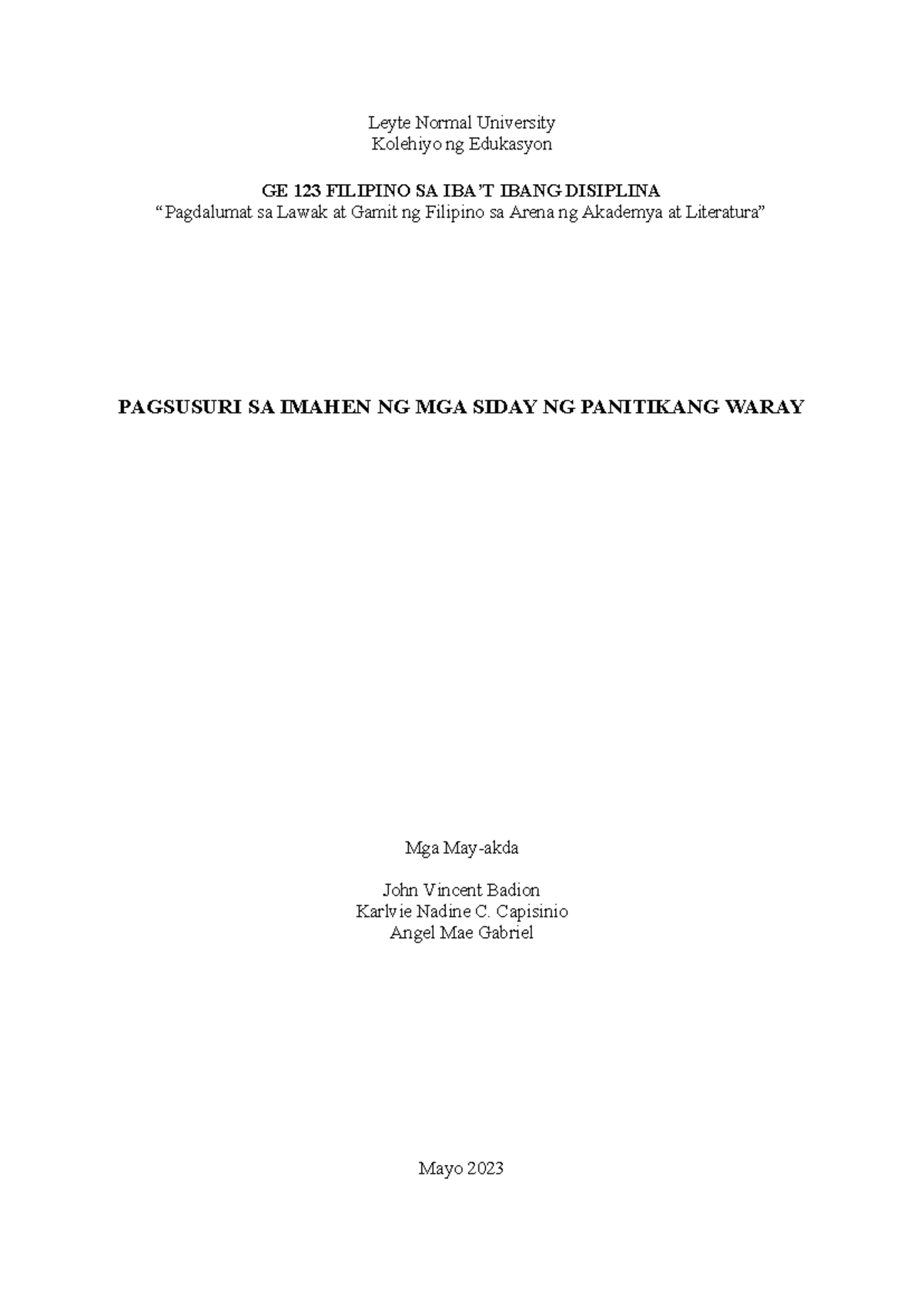 PAGSUSURI SA IMAHEN NG MGA SIDAY NG PANITIKANG WARAY - Leyte Normal ...