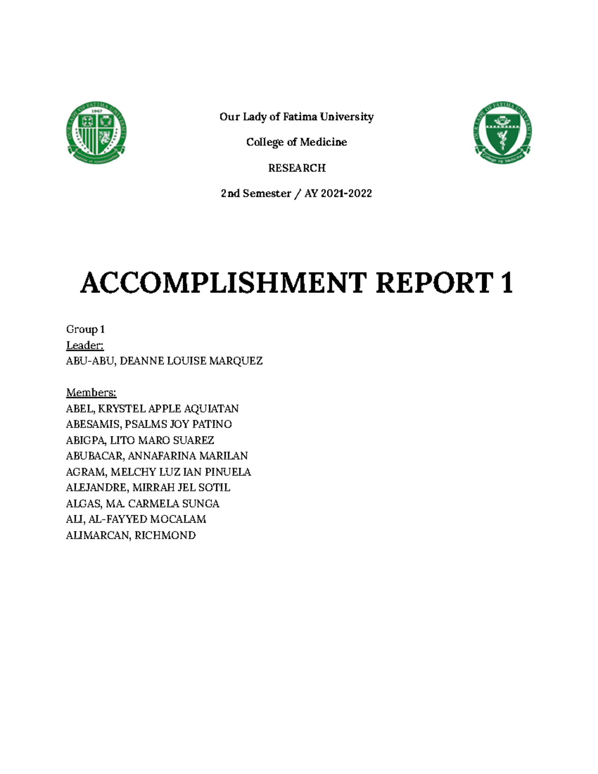 SBD 1 - Accomplishment report 1 - Our Lady of Fatima University College ...