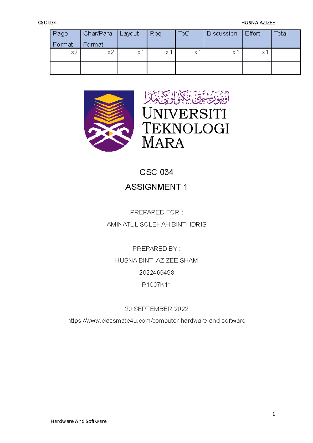 2022466498 Assignment 1 - CSC 034 ASSIGNMENT 1 PREPARED FOR : AMINATUL SOLEHAH BINTI IDRIS ...