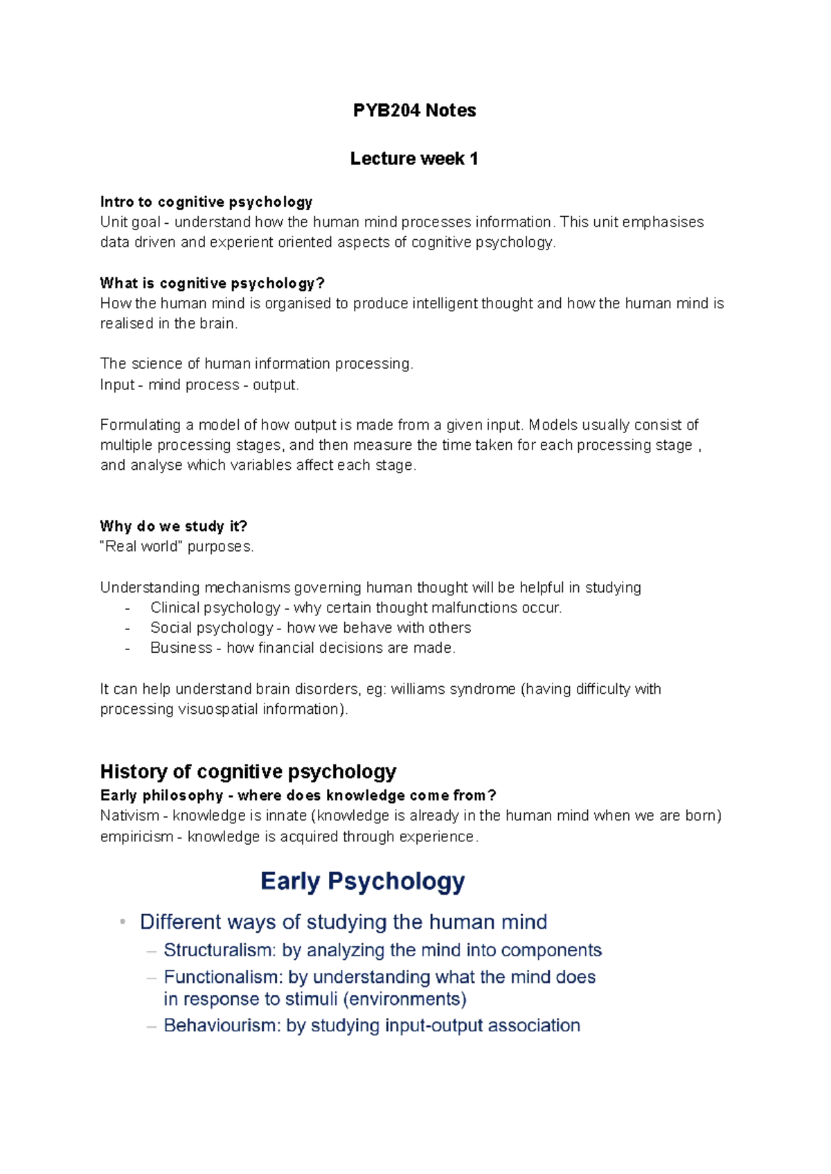 PYB204 Notes - PYB204 Notes Lecture week 1 Intro to cognitive ...