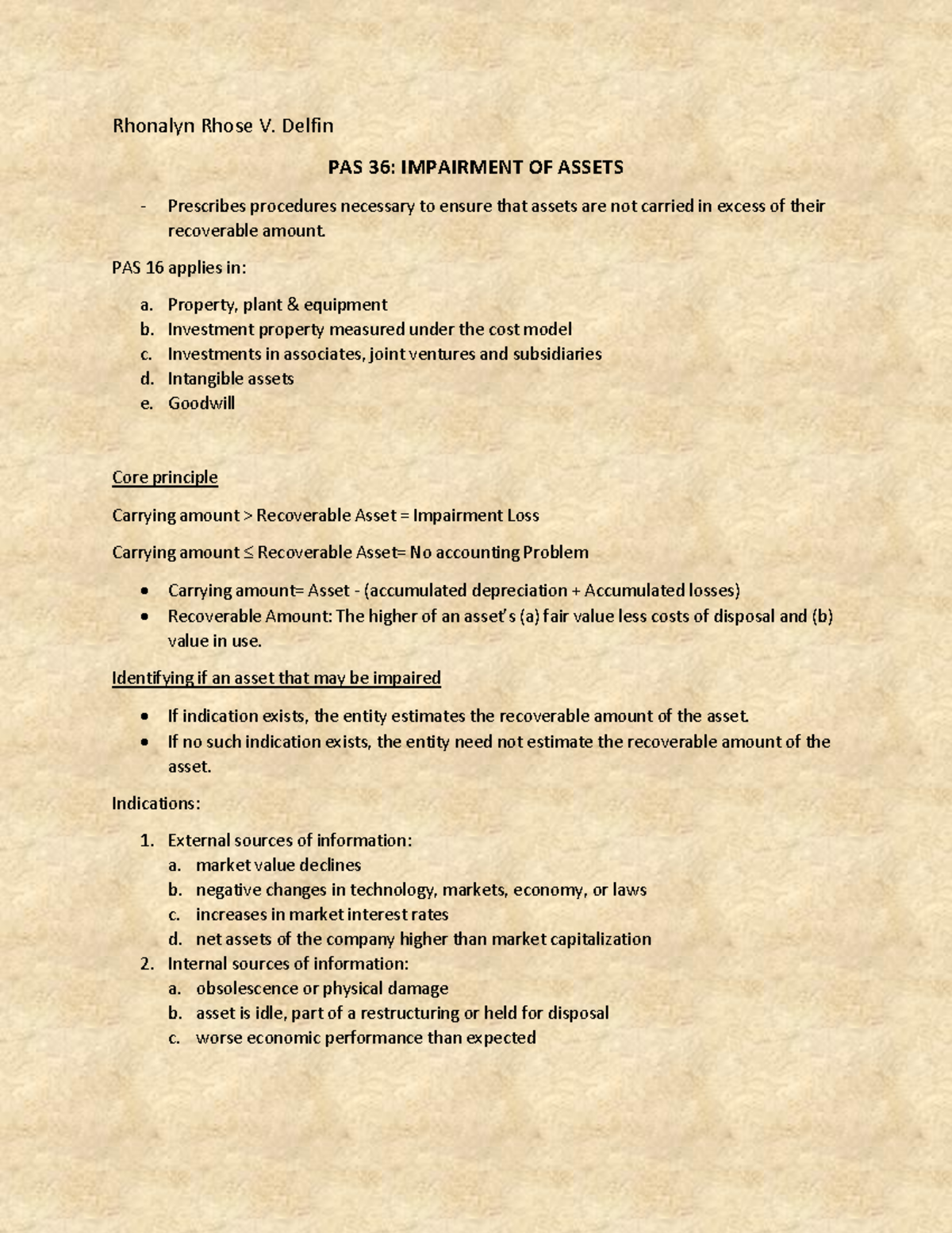 Summary note unit 6 - PAS 36, PAS 37, PAS 38 - Rhonalyn Rhose V. Delfin ...