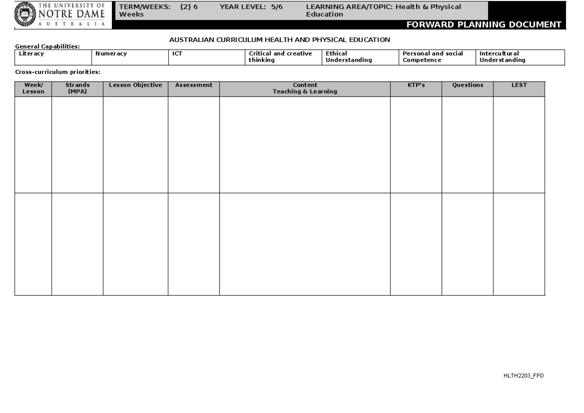 HPE-FPD template - TERM/WEEKS: (2) 6 Weeks YEAR LEVEL: 5/6 LEARNING ...