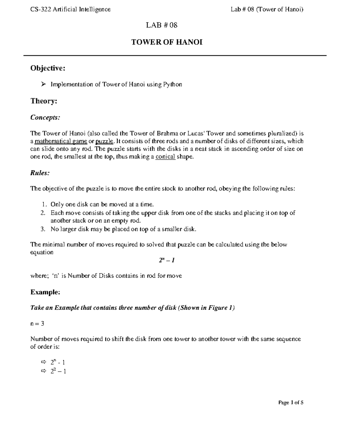 AI Lab 8 Tower of Hanoi - LAB # 08 TOWER OF HANOI Objective ...