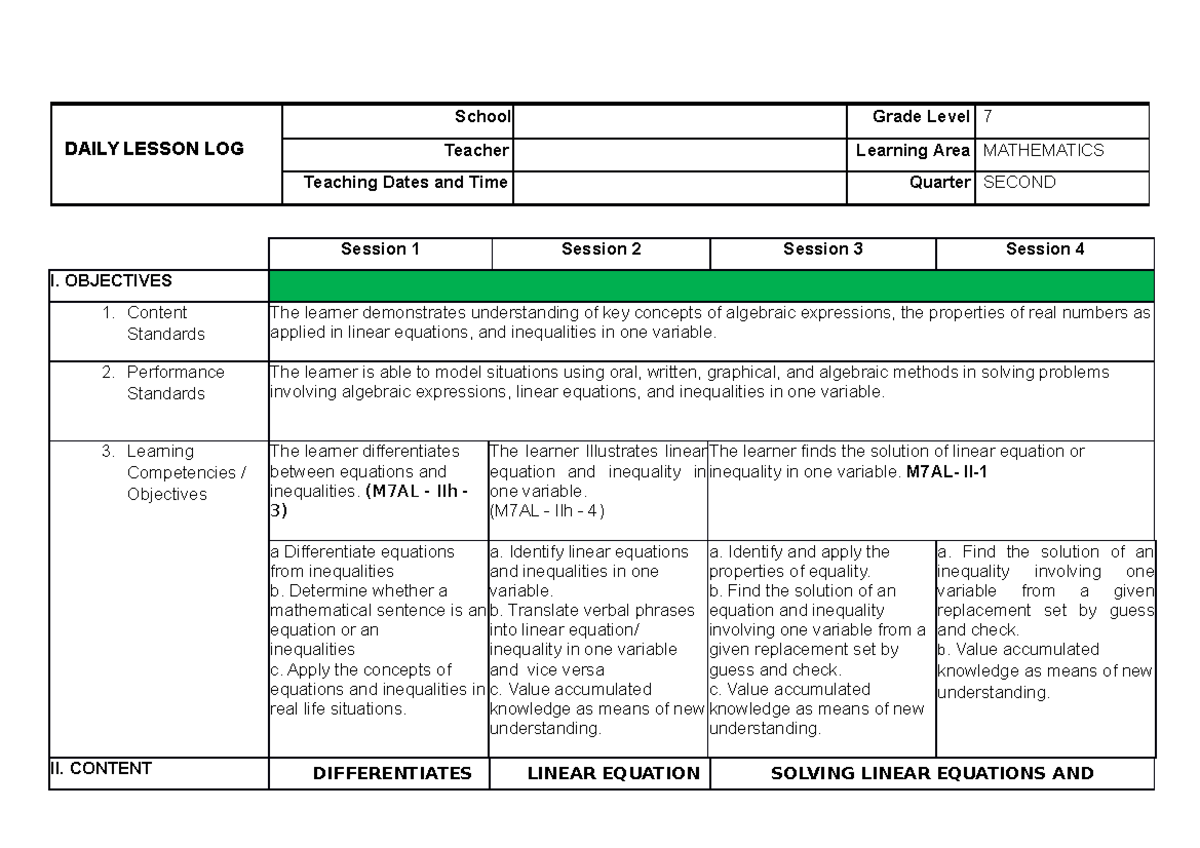 WEEK 8 - Daily Lesson Log Grade 7 Mathematics Quarter 2 - DAILY LESSON ...