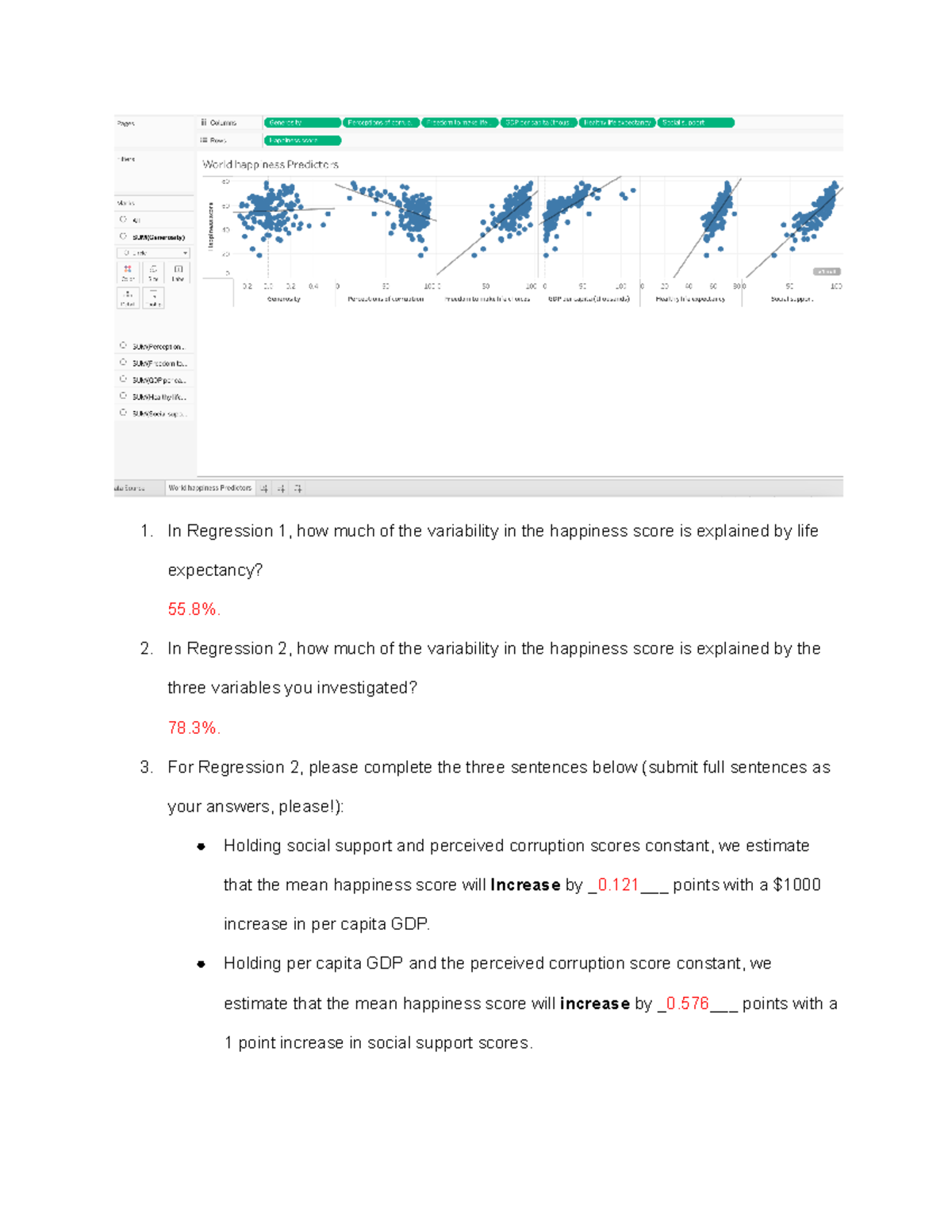 Assignment: Regression Analysis in Excel and Tableau - In Regression 1, how much of the ...