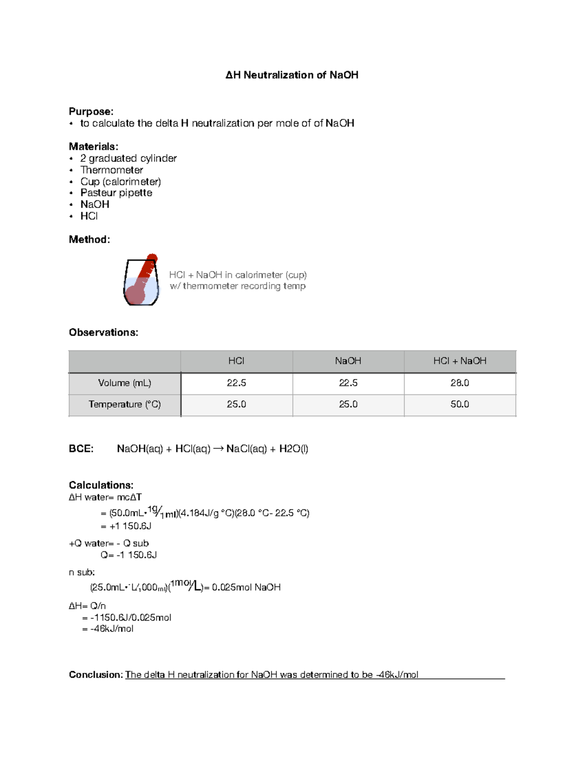Delta H Neutralization of Na OH - Chem Lab - ΔH Neutralization of NaOH Purpose: • to calculate ...