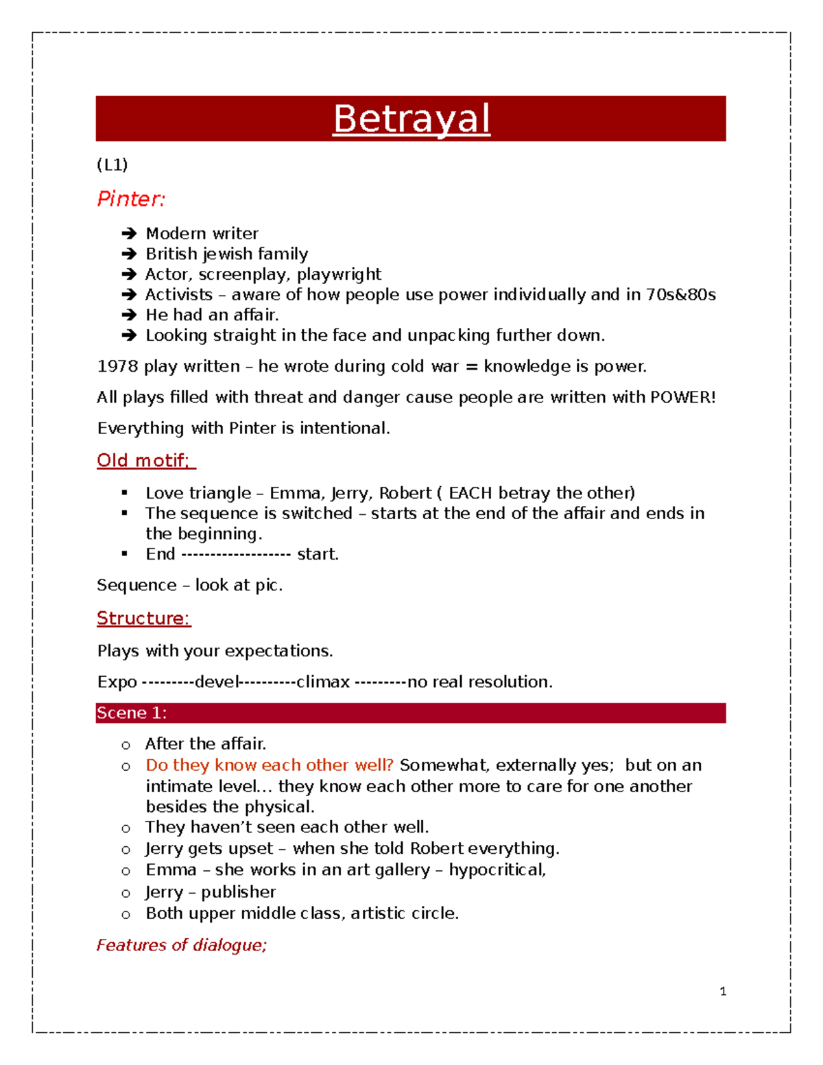 Betrayal lec notes - Betrayal (L1) Pinter: Modern writer British jewish ...