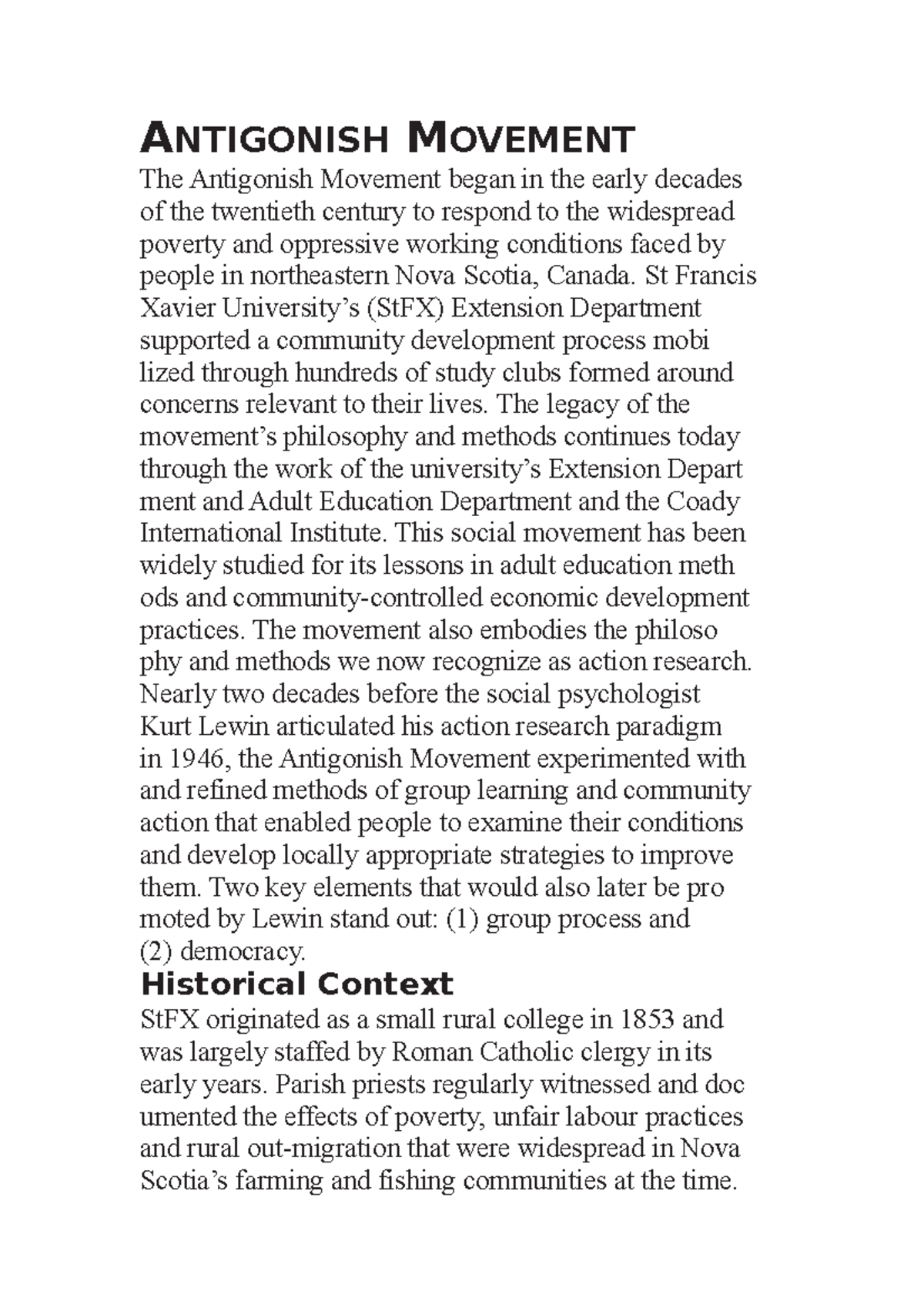 Antigonish Movement - St Francis Xavier University’s (StFX) Extension ...