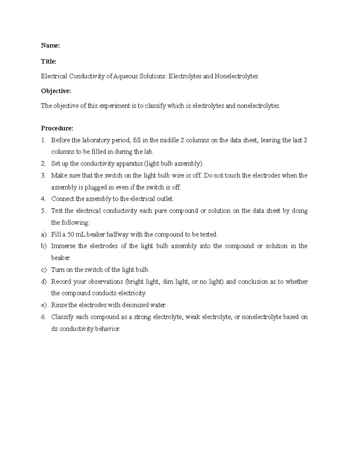 Final lab electrical conductivity of aqueous solutions electrolytes and ...