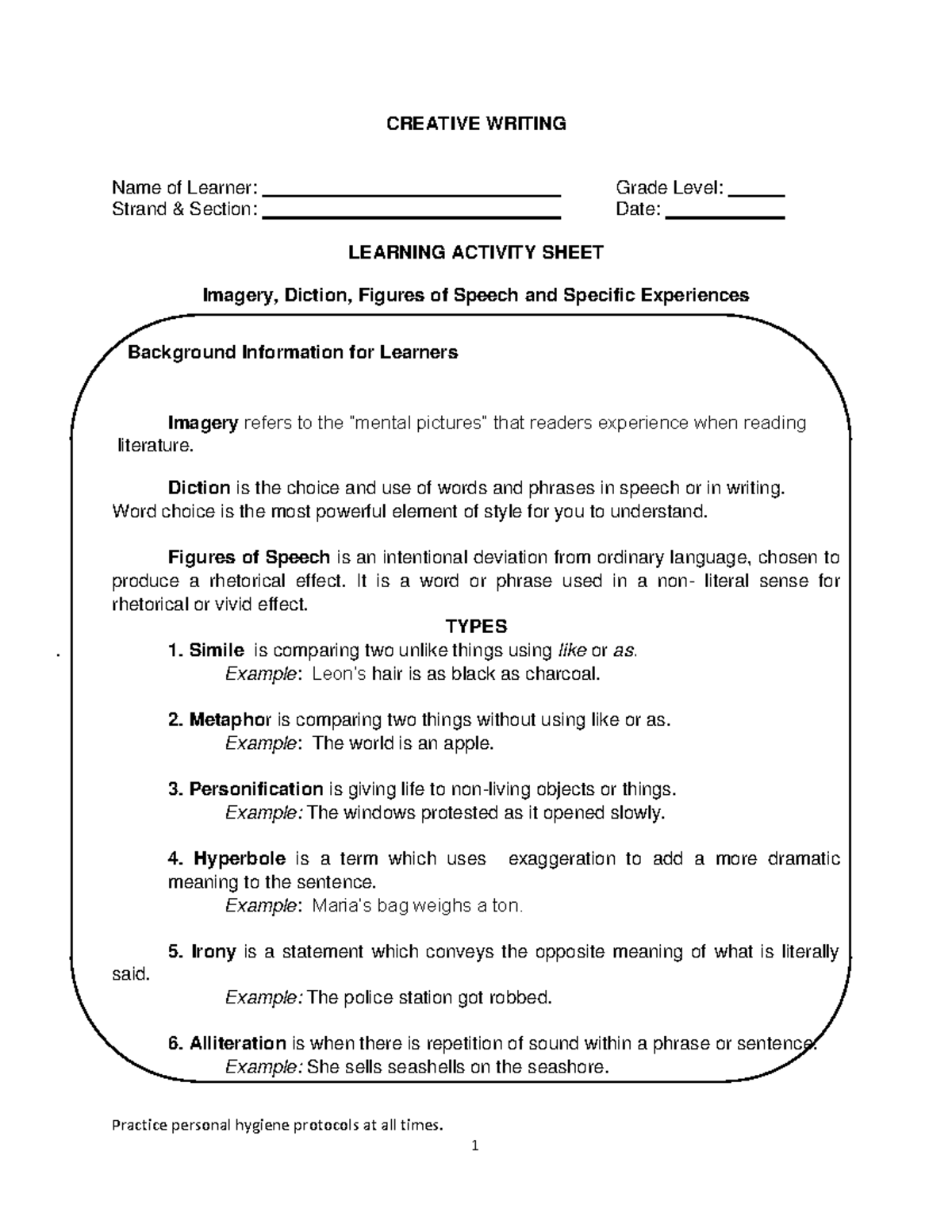 Creative Writing MELC 1 - Practice personal hygiene protocols at all ...