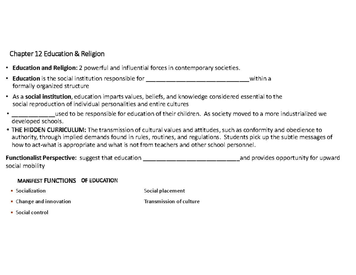Chapter 12 Ed and Religion PDF - Chapter 12 Education & Religion ...