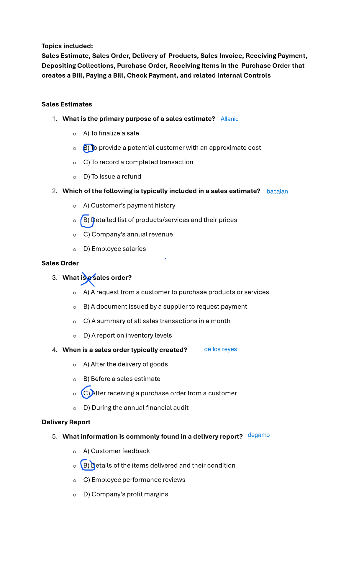 ACC 215 MW Sample MC Questions for Revenue to Collection Cycle and ...