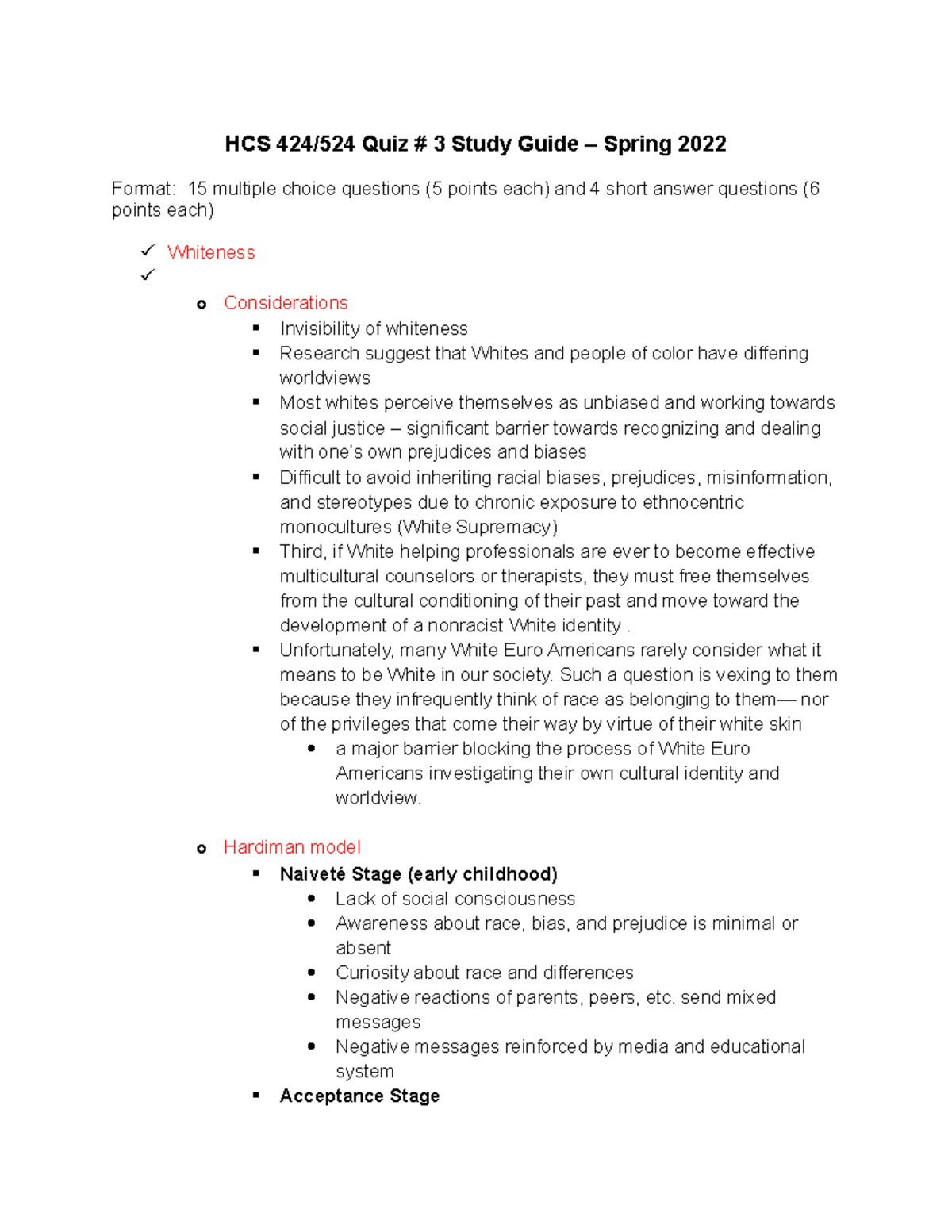 HCS 424-524 - Spring 2022 Quiz #3 Study Guide - HCS 424/524 Quiz # 3 ...