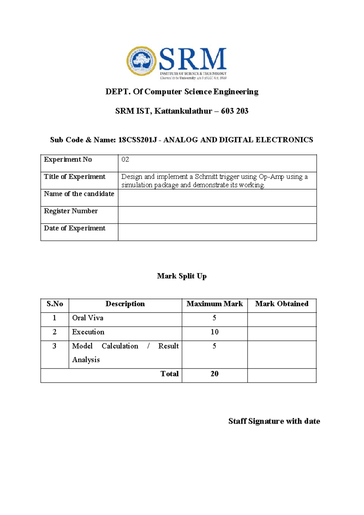 ADE EXP 2 - Lab exp 2 - DEPT. Of Computer Science Engineering SRM IST, Kattankulathur – 603 203 ...