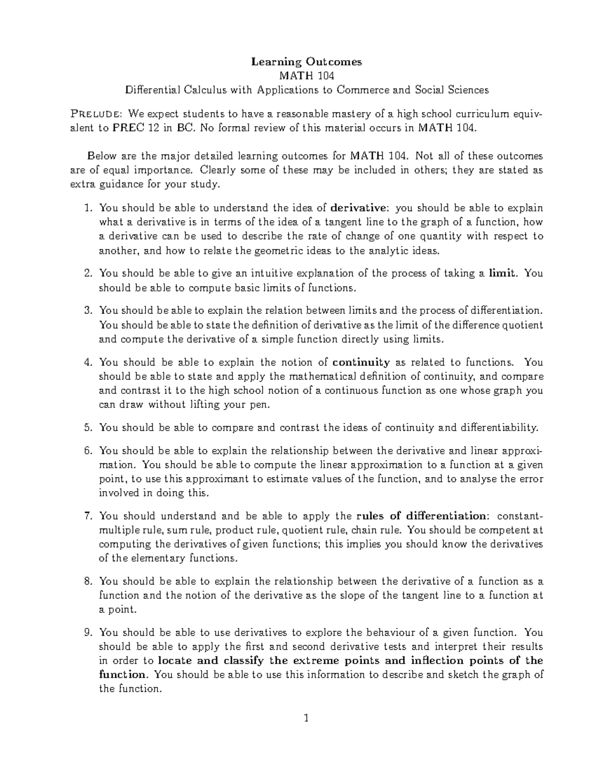 Learning goals for 2021w - Learning Outcomes MATH 104 Differential ...