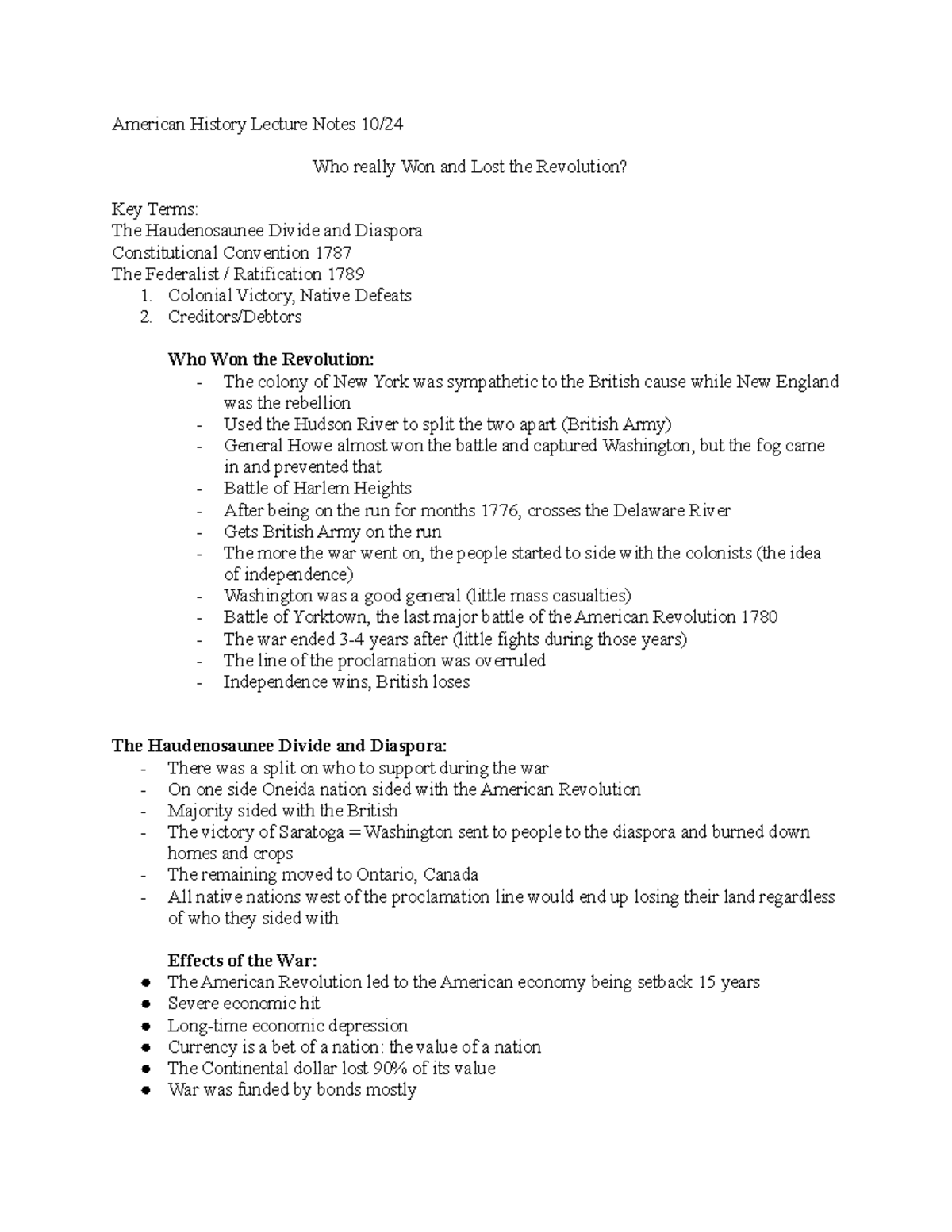 American History Lecture Notes 10 24 - Colonial Victory, Native Defeats ...