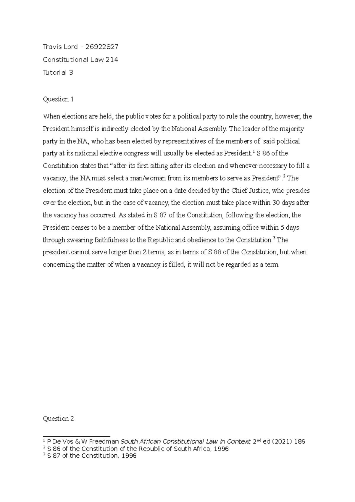 Con law tut 3 - Tutorial 3 - Travis Lord – 26922827 Constitutional Law ...